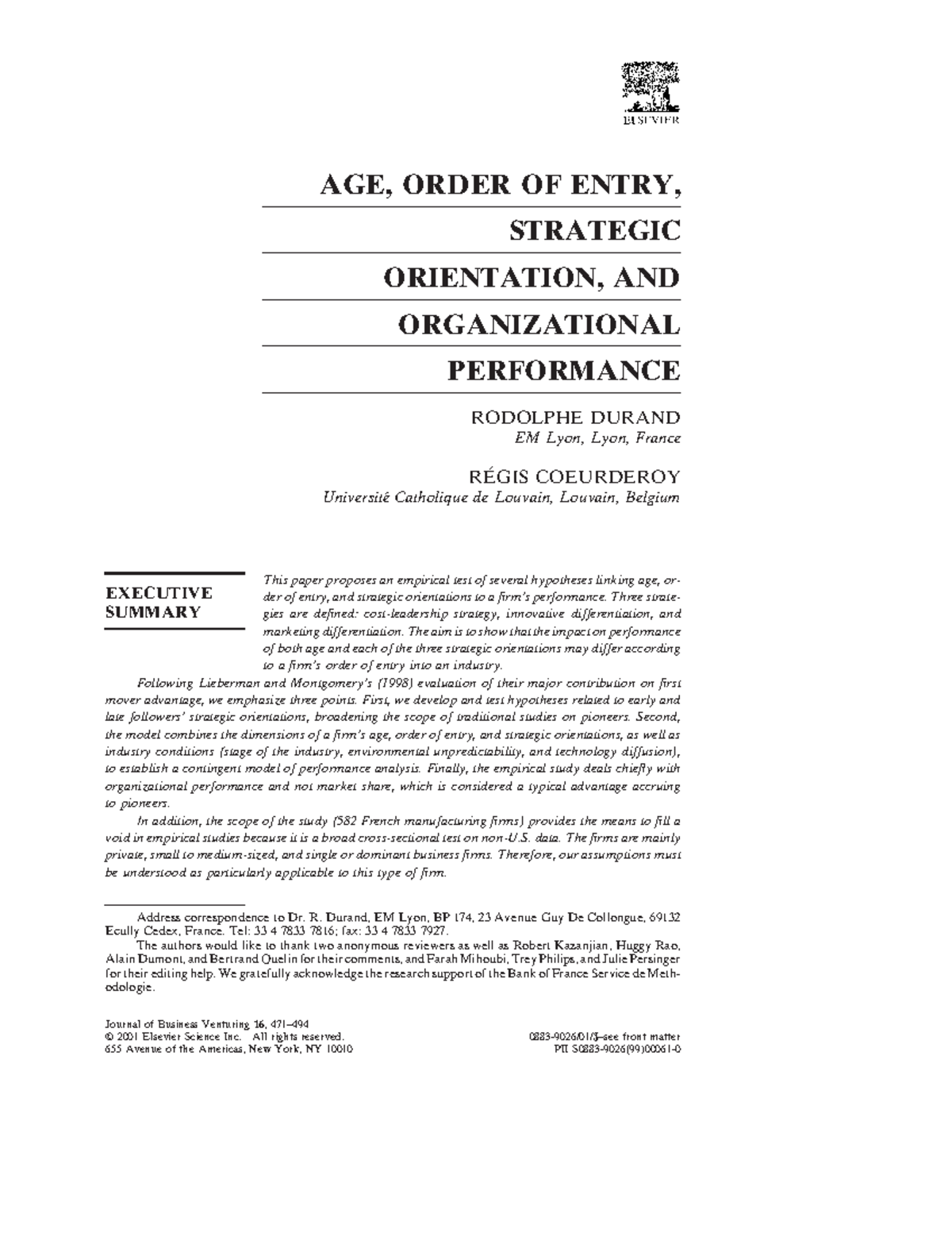 Age Order of Entry Strategic Orientation and Organ - AGE, ORDER OF ...