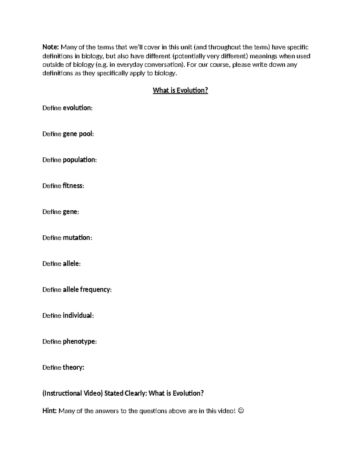 Evolution Unit Notes Shell - Note: Many of the terms that we’ll cover ...