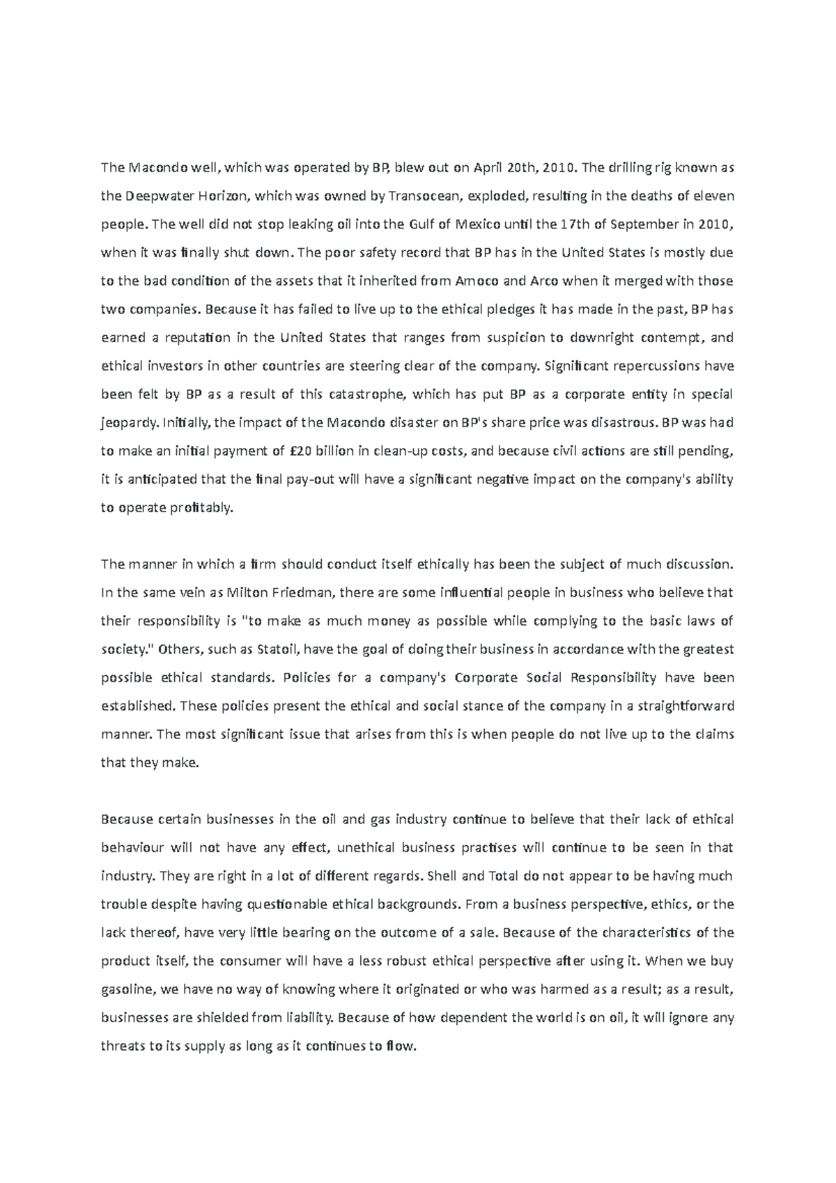 Bribery law 2 - The Macondo well, which was operated by BP, blew out on ...