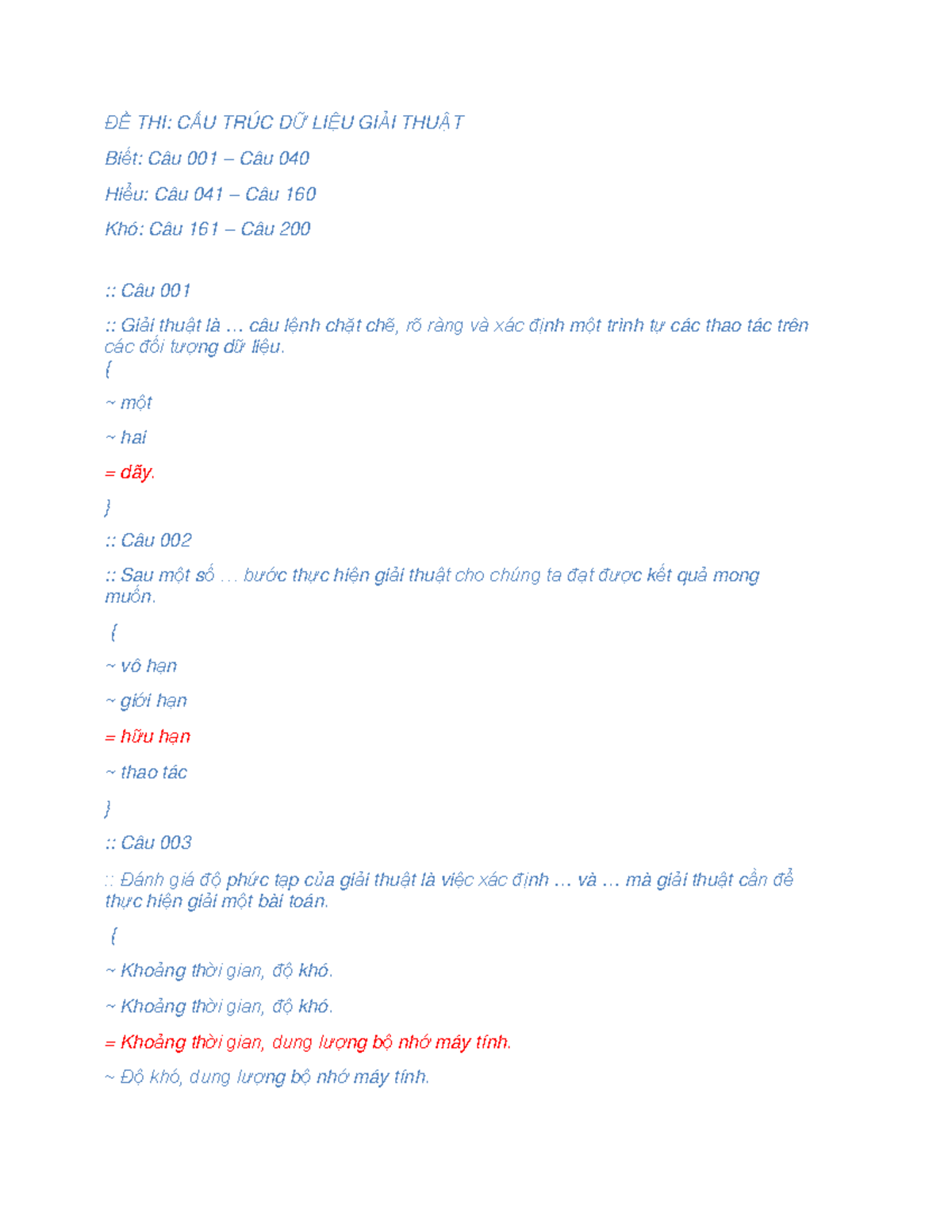 Xemtailieu dap an 200 cau trac nghiem mon cau truc du lieu giai thuat - ĐỀ THI: C Ấ U TRÚC D Ữ ...