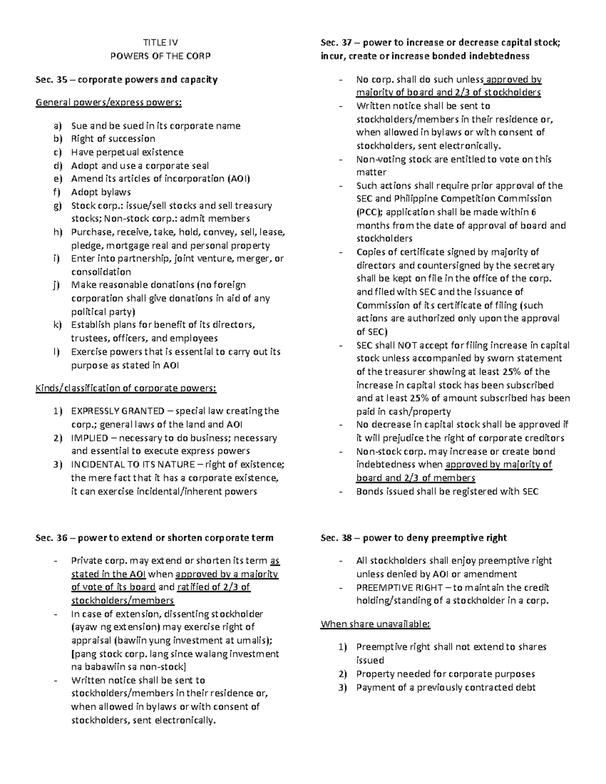 Title IV V Notes From Codal TITLE IV POWERS OF THE CORP Sec 35 title-iv-v-notes-from-codal-title-iv-powers-of-the-corp-sec-35