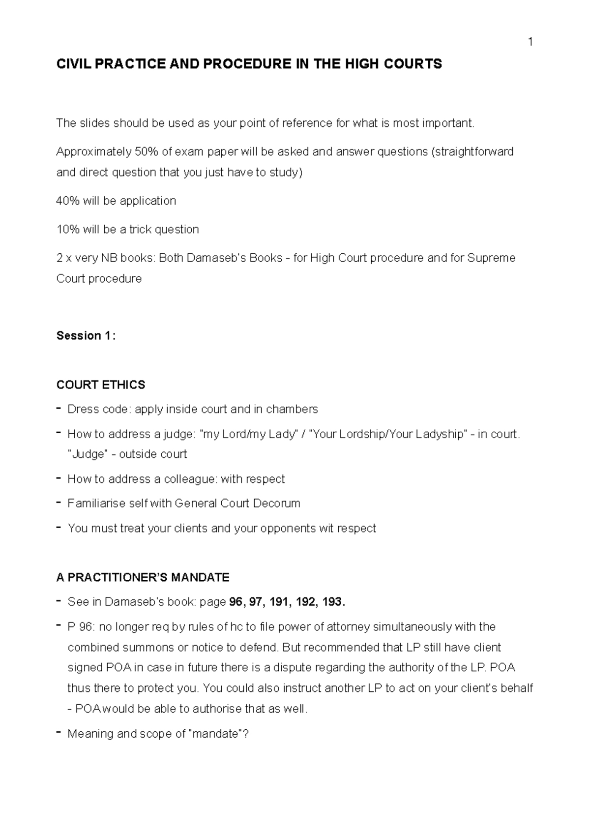 Class Notes Civil High Courts - CIVIL PRACTICE AND PROCEDURE IN THE ...