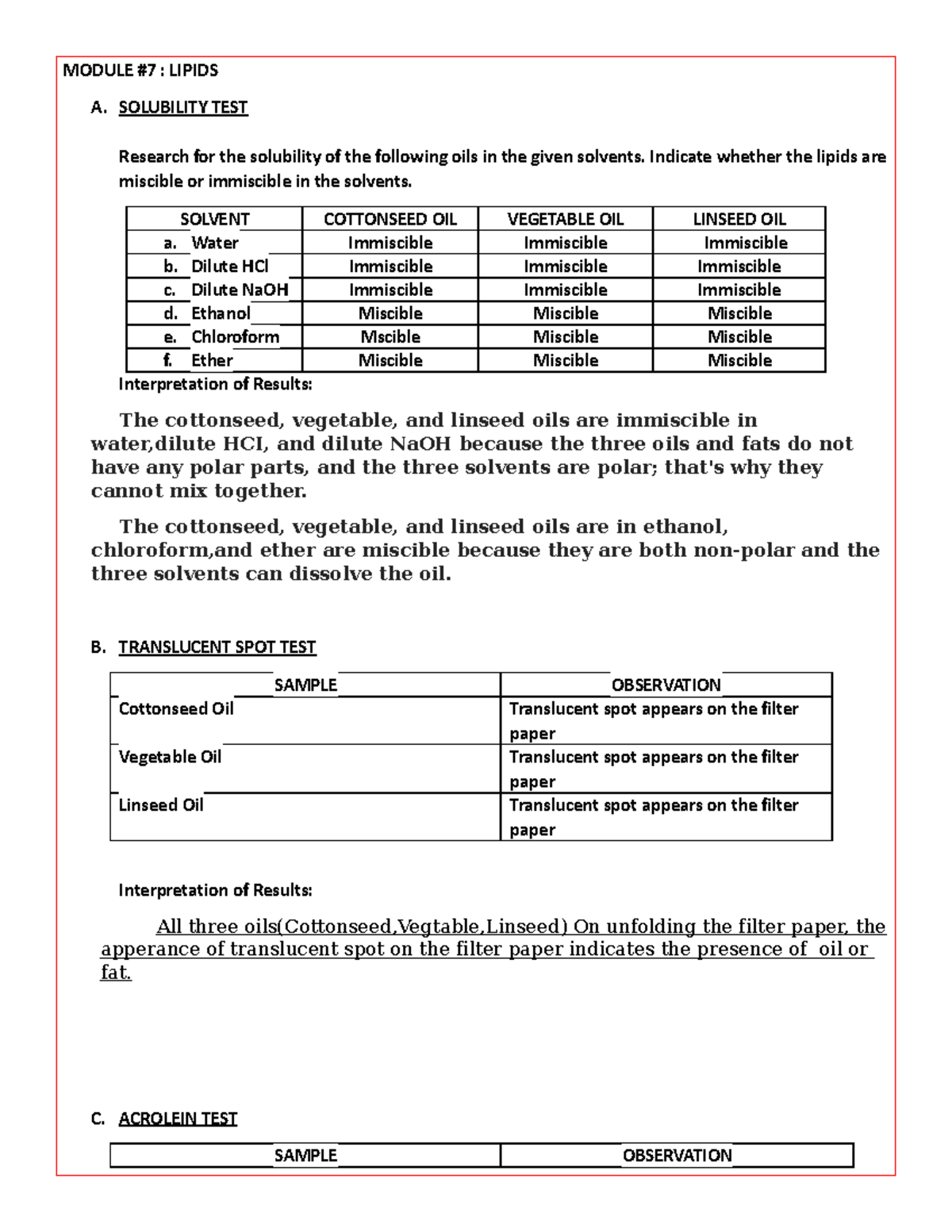 Lipidsss in bio - MODULE #7 : LIPIDS A. SOLUBILITY TEST Research for ...