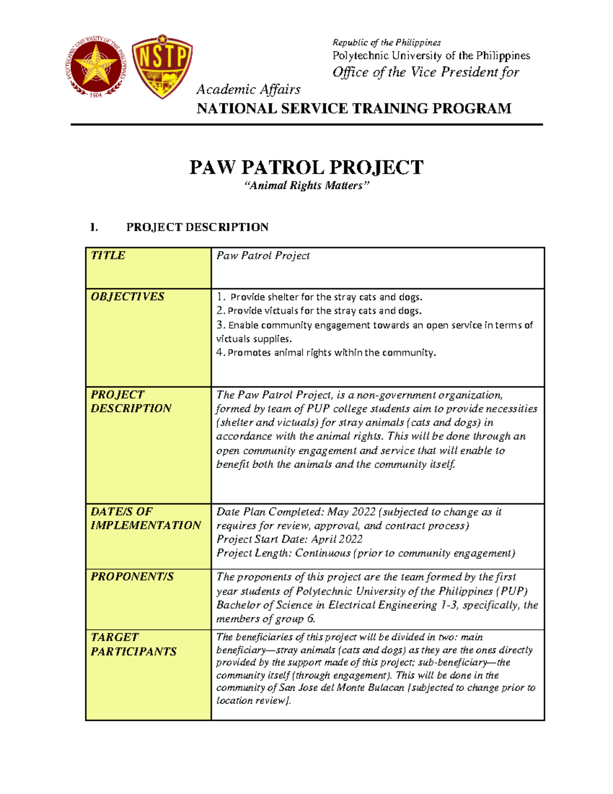 NSTP Project Proposal Template - Polytechnic University of the ...
