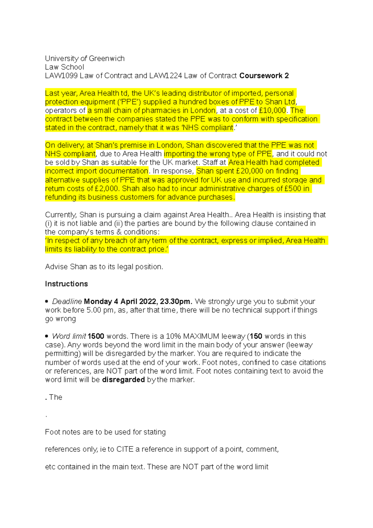 Contract law course work, first year - University of Greenwich Law ...