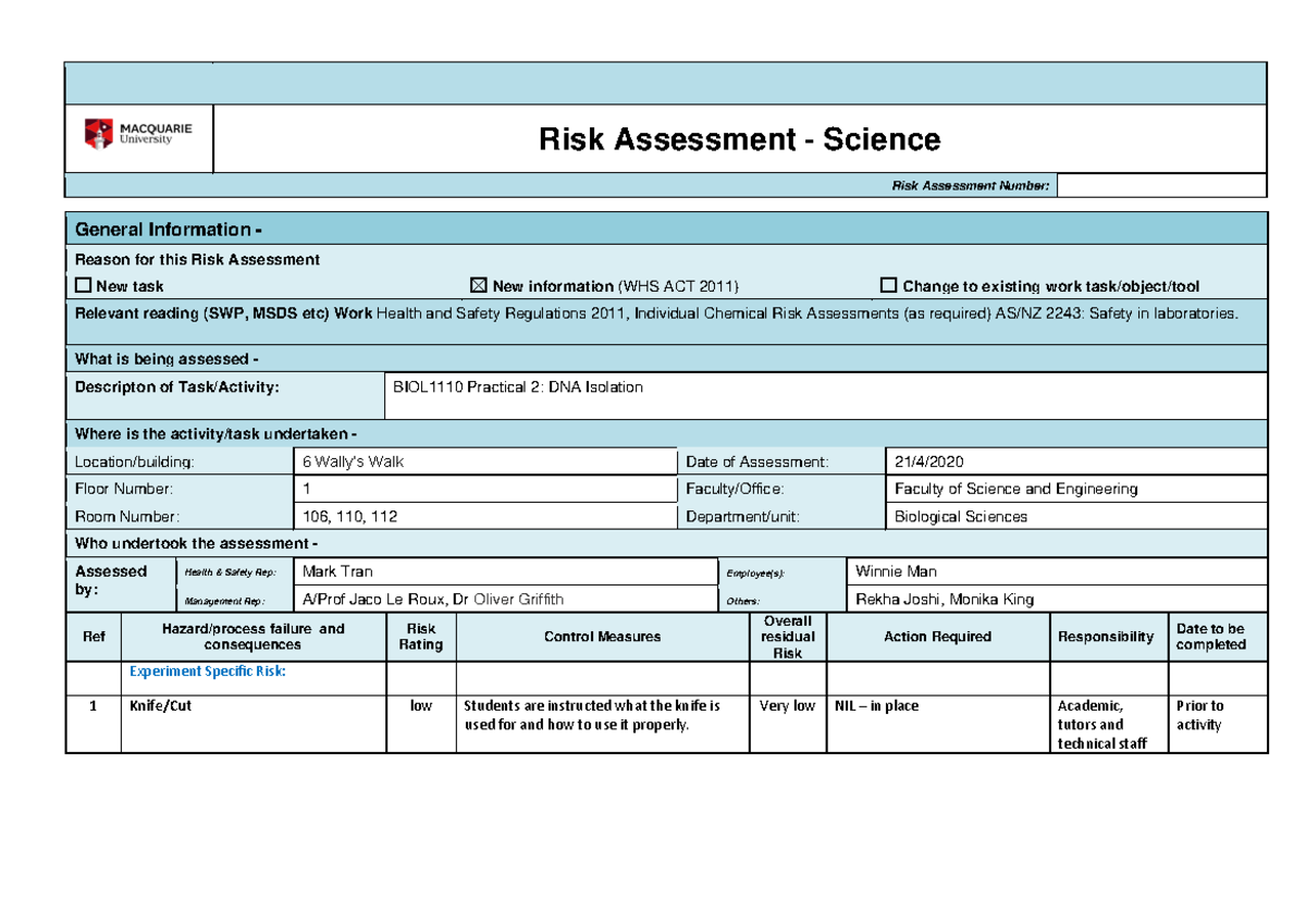 Practical 2 Risk Assessment (2021) - Risk Assessment - Science Risk ...