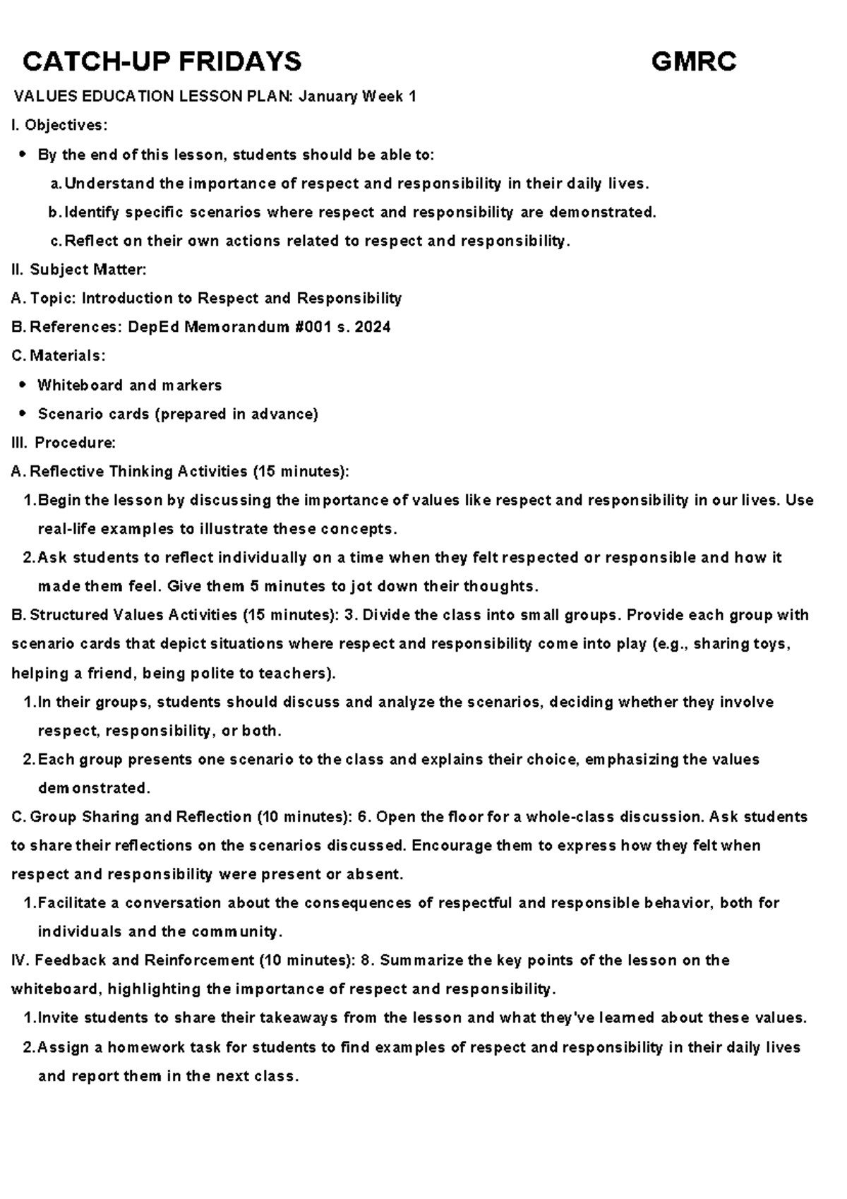 G7 Cuflp@ GMRC& Values Education - VALUES EDUCATION LESSON PLAN ...