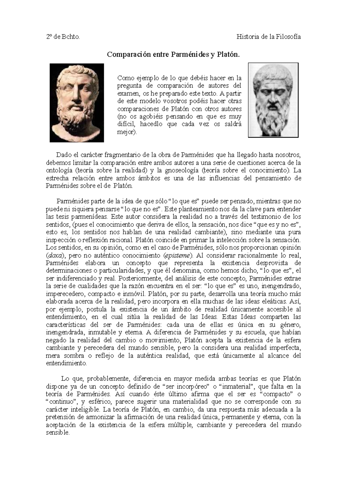 Comparacion entre Parmenides y Platón - 2º de Bchto. Historia de la Filosofía Comparación entre ...