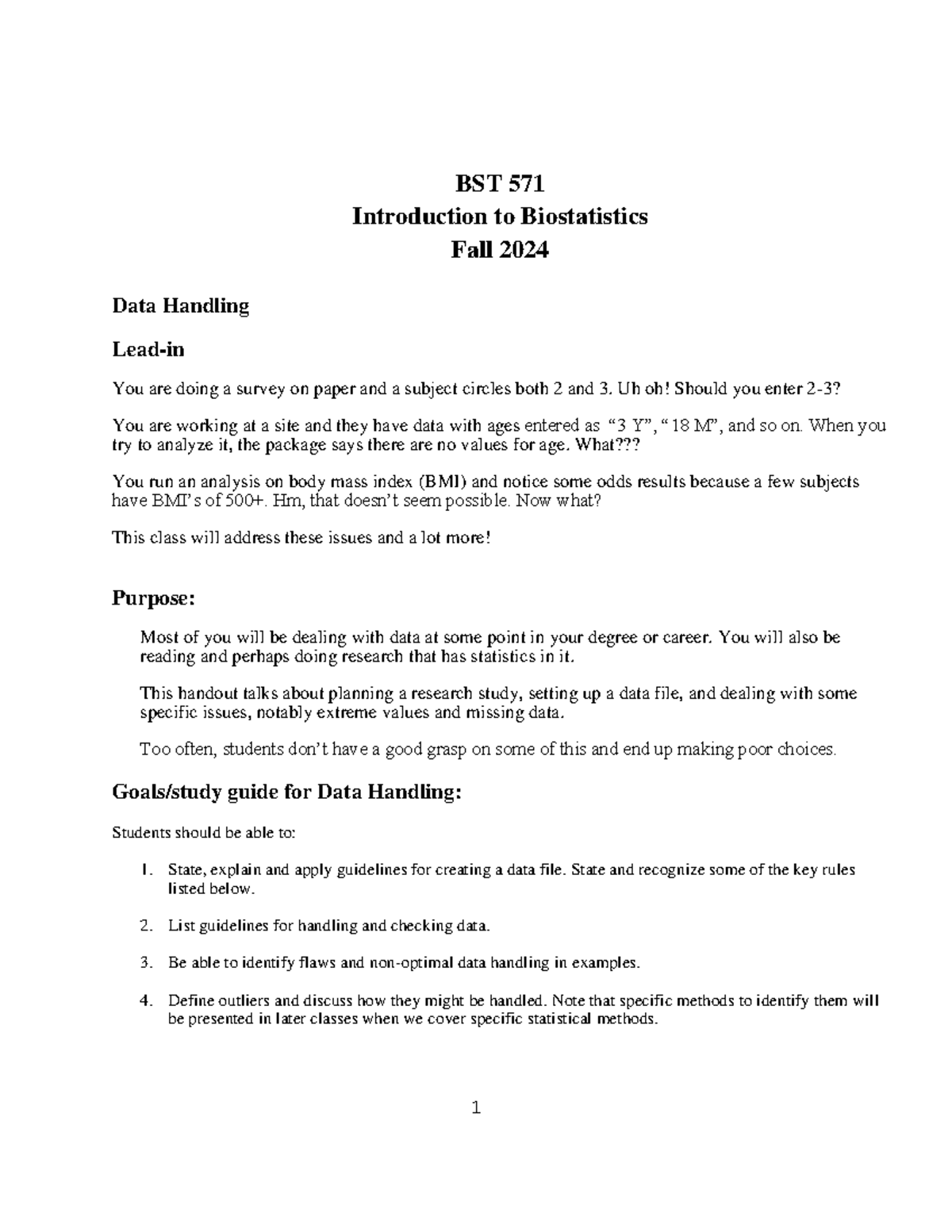 Intro to Biostats - Notes - BST 571 Introduction to Biostatistics Fall ...