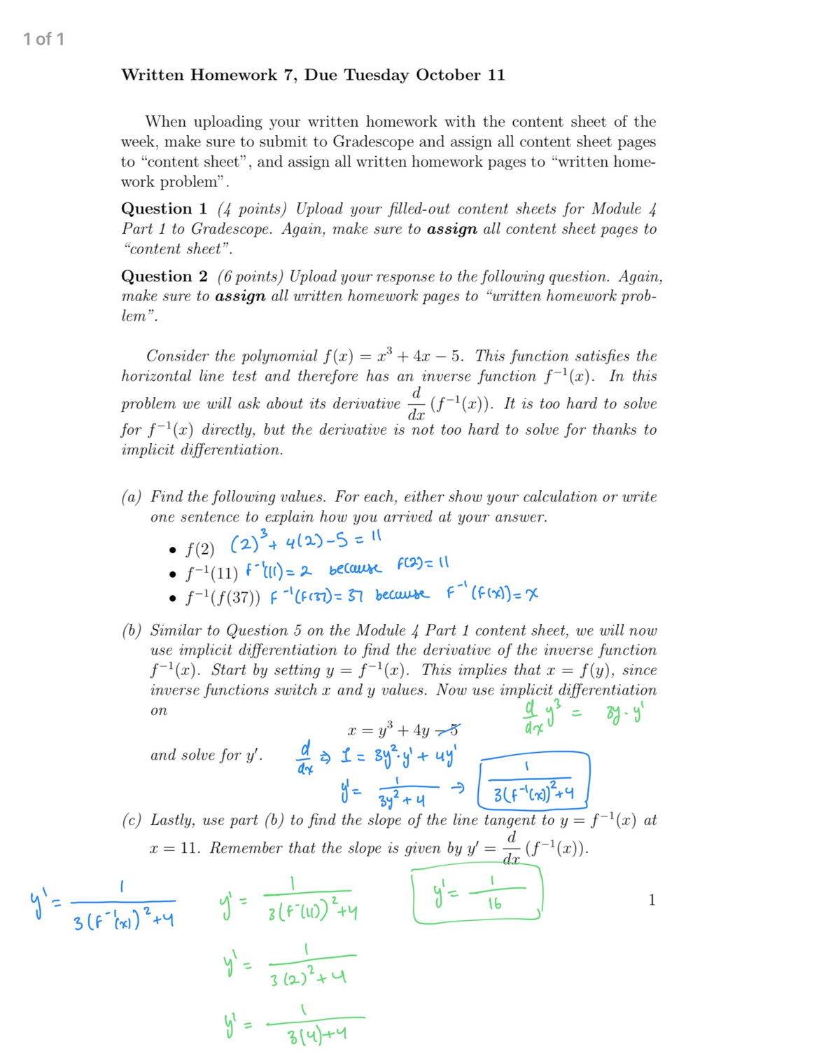 Written Homework 7 - Take derivative of an inverse function using implicit differentiation ...