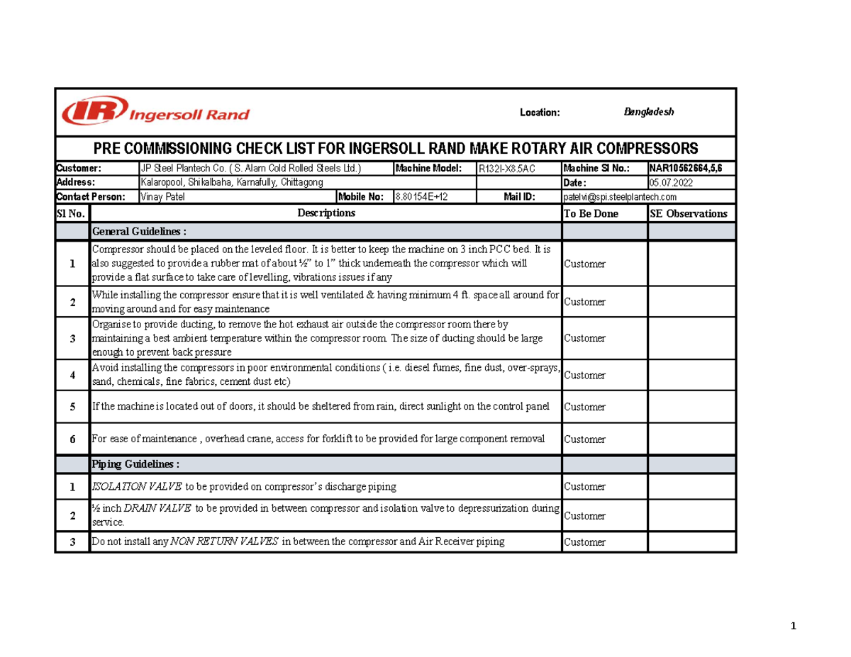 Pre-Commissioning checklist of IR Compressor - Location: R132I-X8 ...