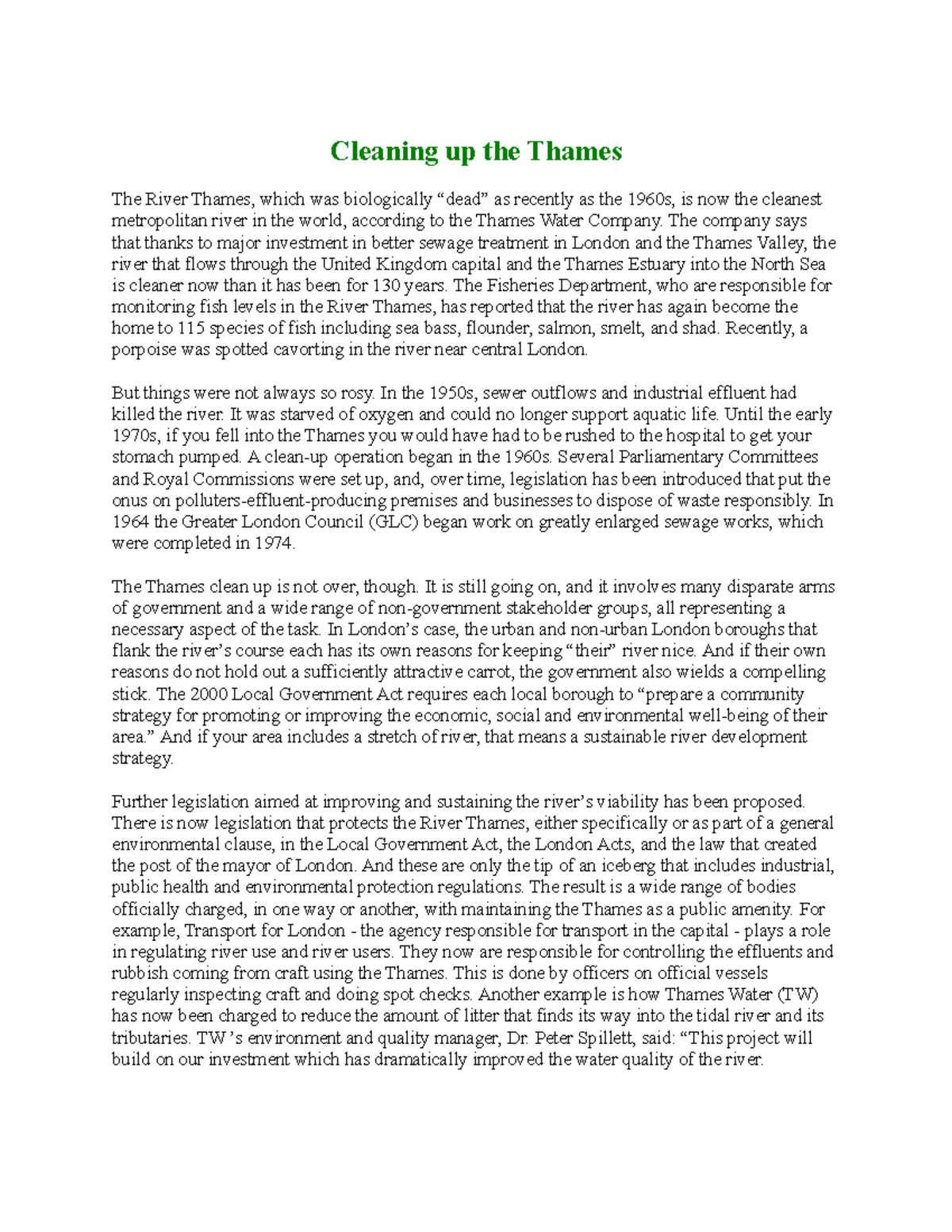 27-Cleaning up the Thames - Cleaning up the Thames The River Thames ...