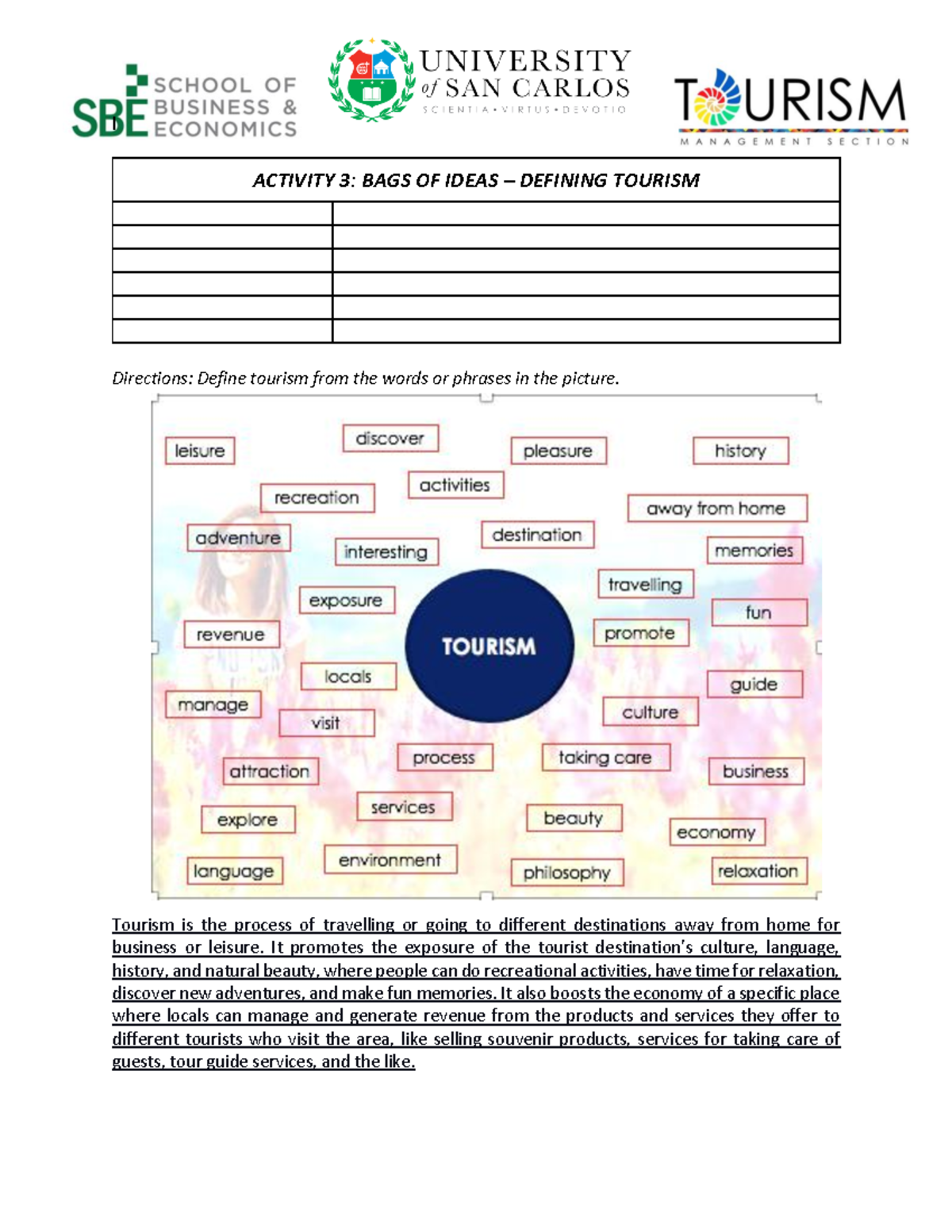 Activity 1 - qfdqwefqf - l ACTIVITY 3: BAGS OF IDEAS – DEFINING TOURISM ...