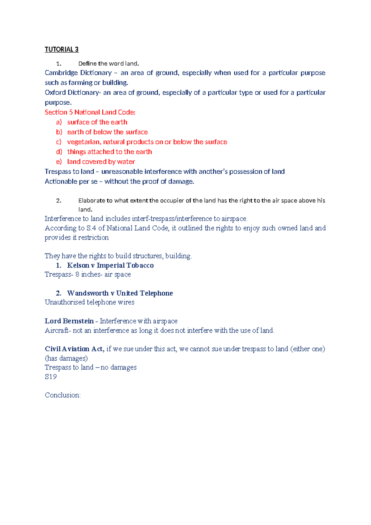 Tutorial 3 - TUTORIAL 3 1. Define the word land. Cambridge Dictionary – an area of ground, - Studocu