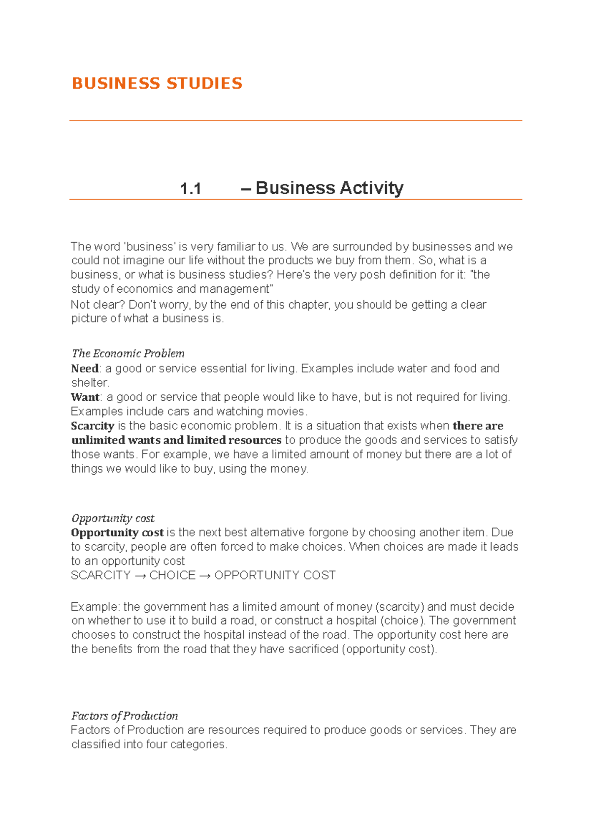 Business Studies Notes - BUSINESS STUDIES 1 – Business Activity The ...