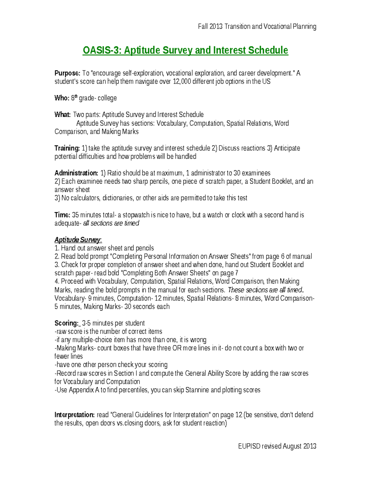 Oasis-3 Summary - Fall 2013 Transition and Vocational Planning OASIS-3: Aptitude Survey and ...