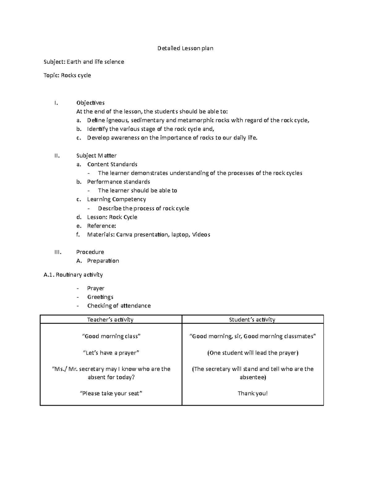 Detailed Lesson plan Rock Cycle - Detailed Lesson plan Subject: Earth ...