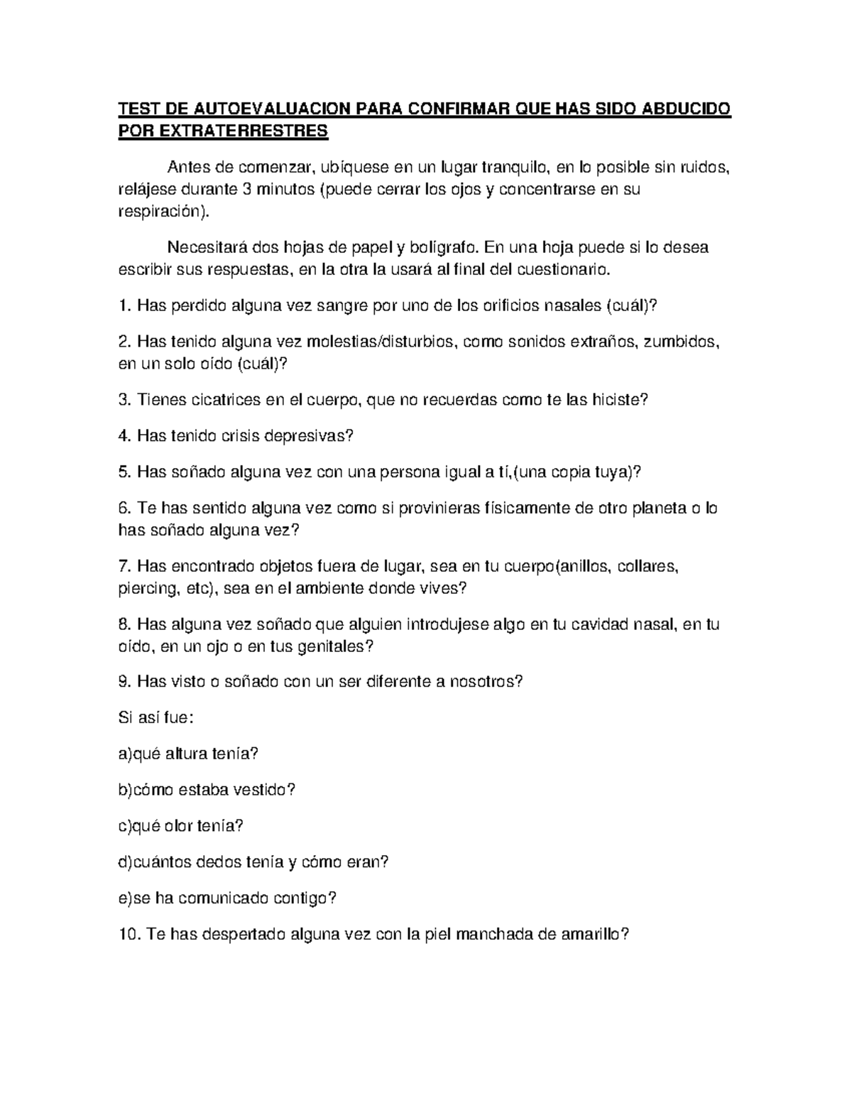 Test abduccion alien - TEST DE AUTOEVALUACION PARA CONFIRMAR QUE HAS ...