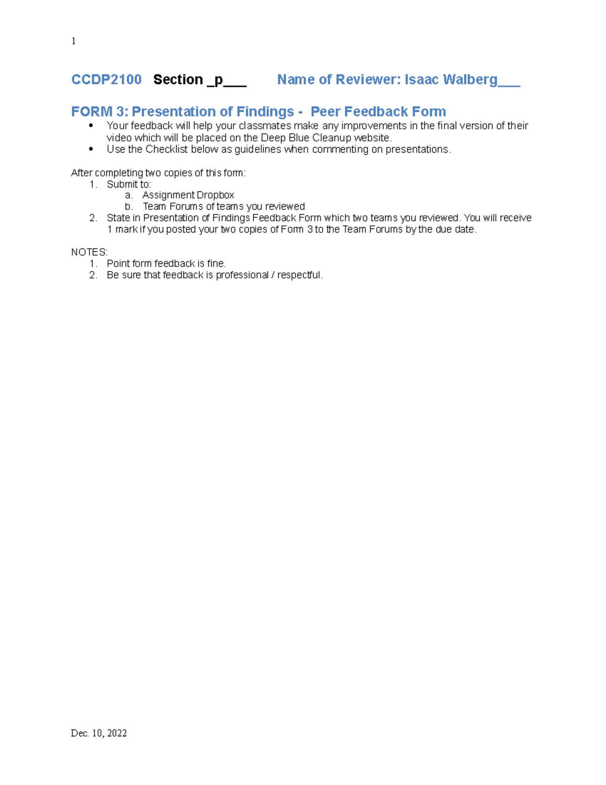Form 3 pres findings peer feedback team 2 - CCDP2100 Section p__ Name ...