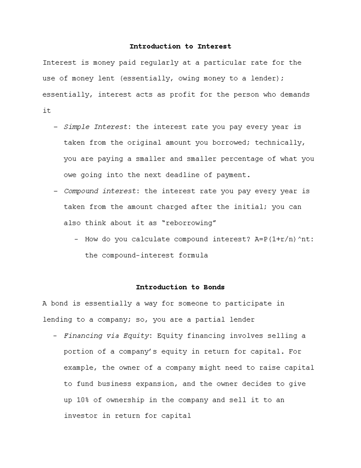 Macro Financial Sector - Introduction to Interest Interest is money ...