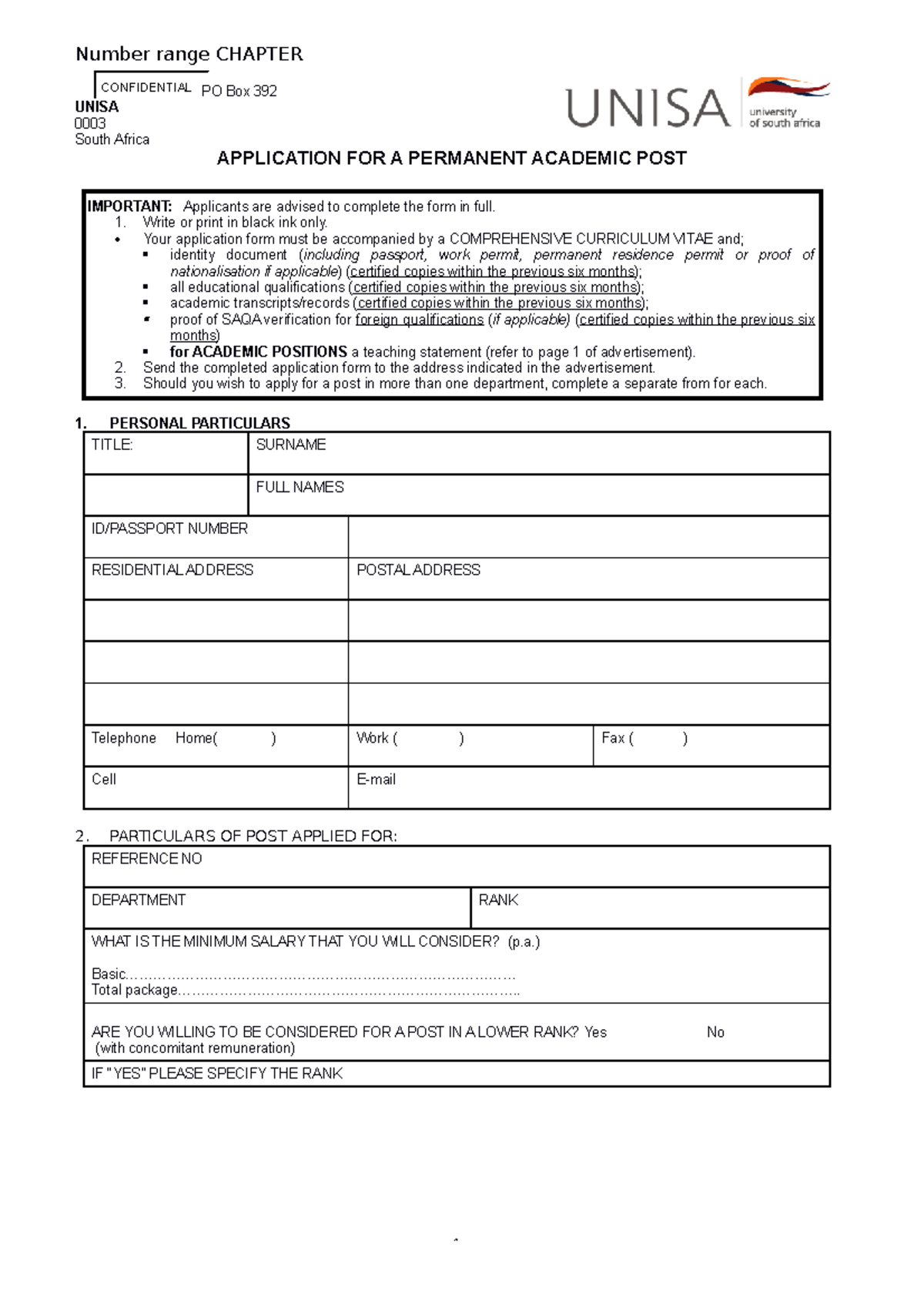 Application form Acad 1Feb2017 - Number range CHAPTER PO Box 392 UNISA ...