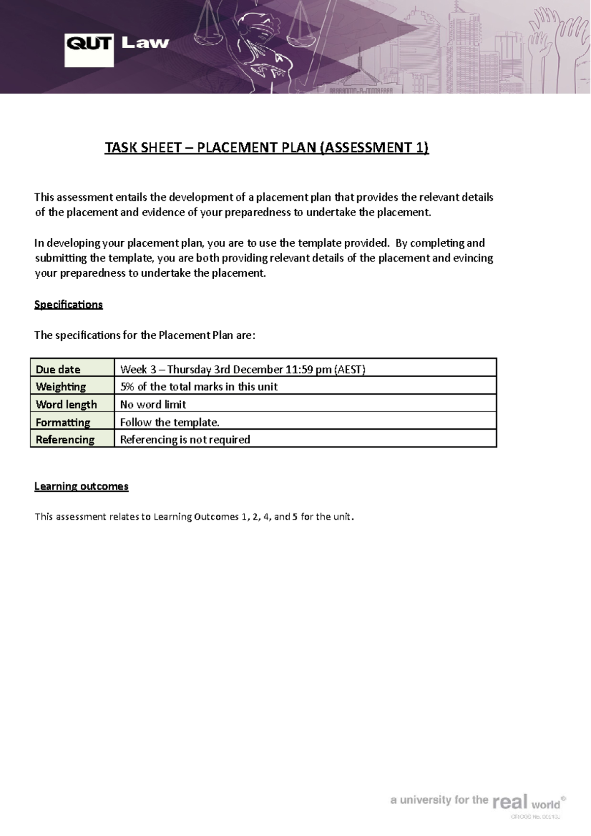 Assessment 1 TASK Sheet & CRA - Placement - TASK SHEET – PLACEMENT PLAN ...