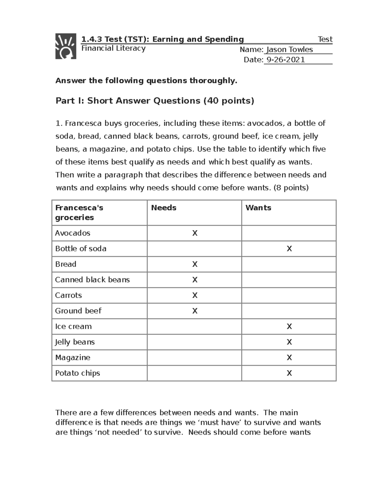 Jason Towles - 1.4.3 Test TST - Earning and Spending - Studocu