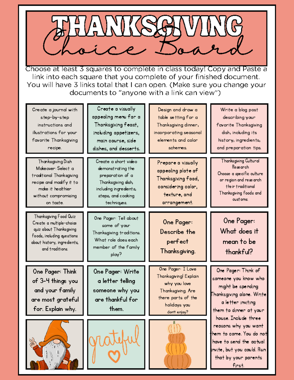 Thanksgiving Choice Board - THANKSGIVINGTHANKSGIVING Choice Board ...