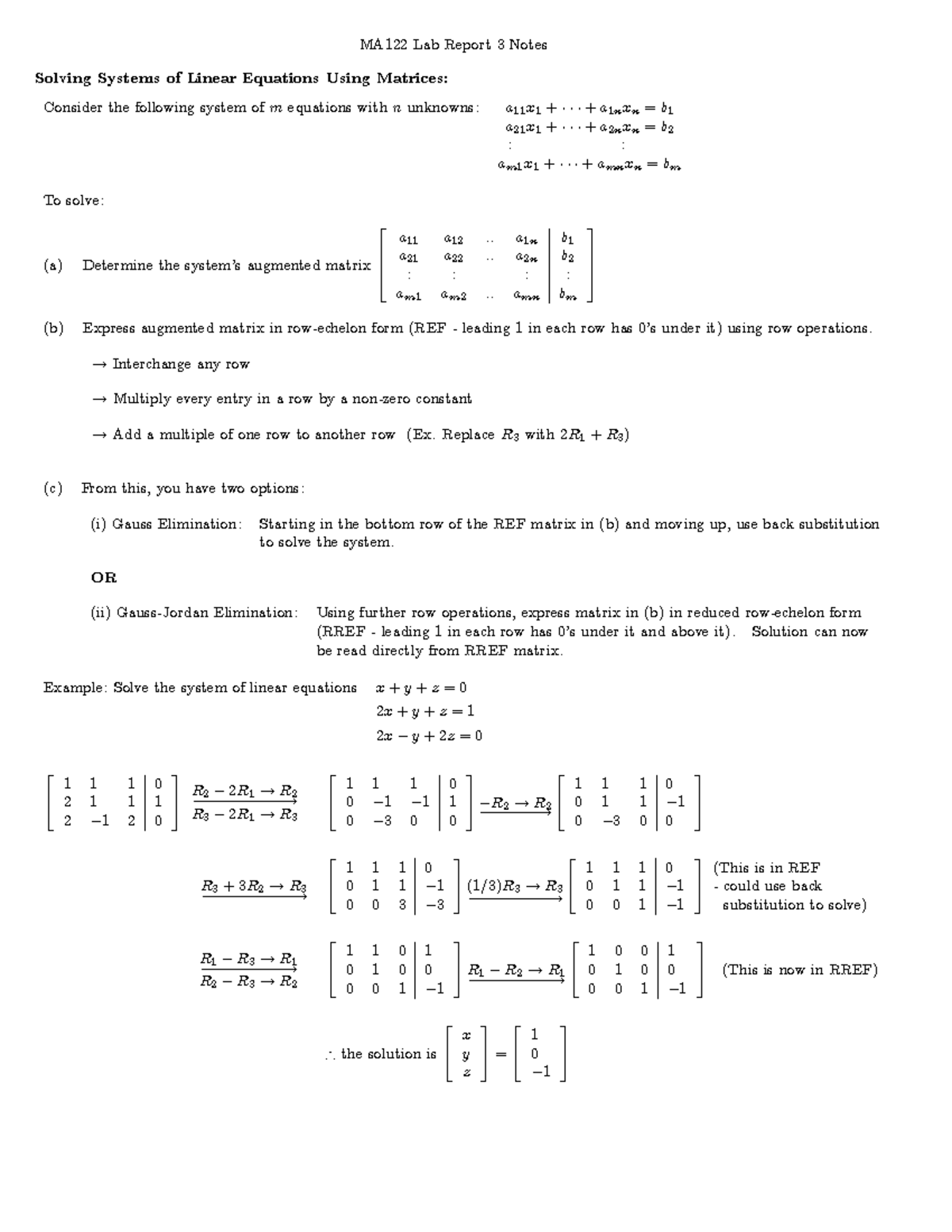 MA122 S23L3 Notes - LAB - MA122 Lab Report 3 Notes Solving Systems of ...