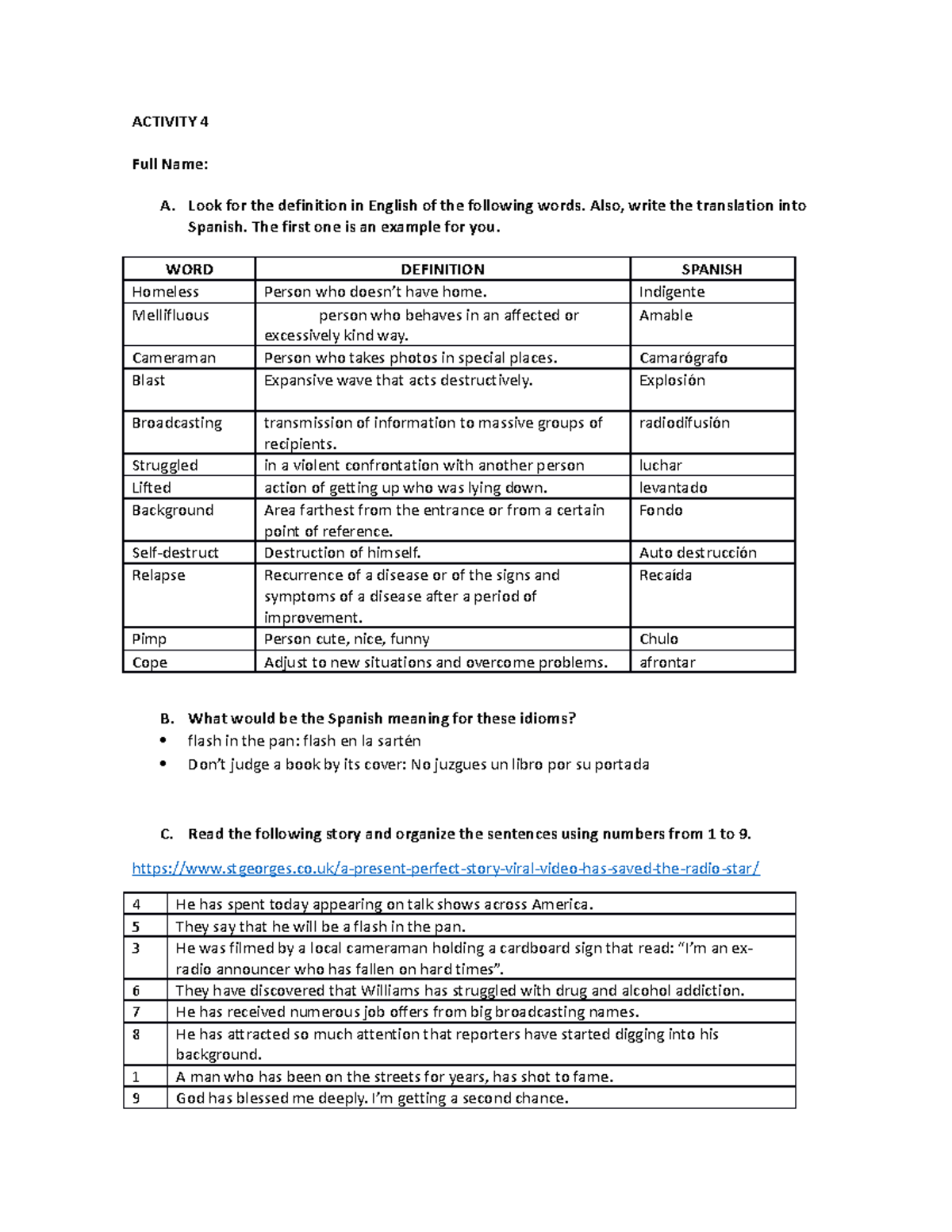 Activity 4 ingles - ACTIVITY 4 Full Name: A. Look for the definition in ...