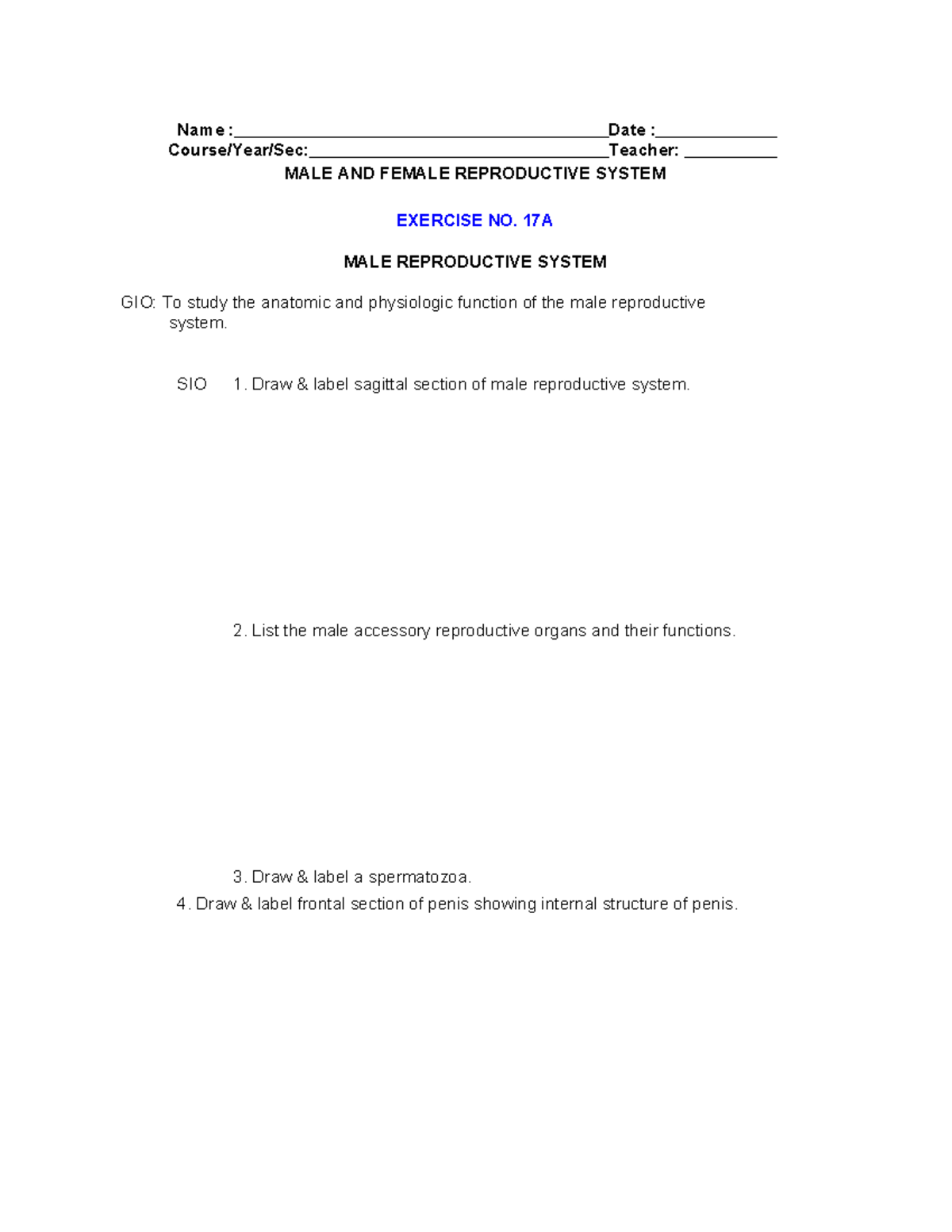 LAB Exercise Reproductive System (Male Female) - Name : Date : Course ...