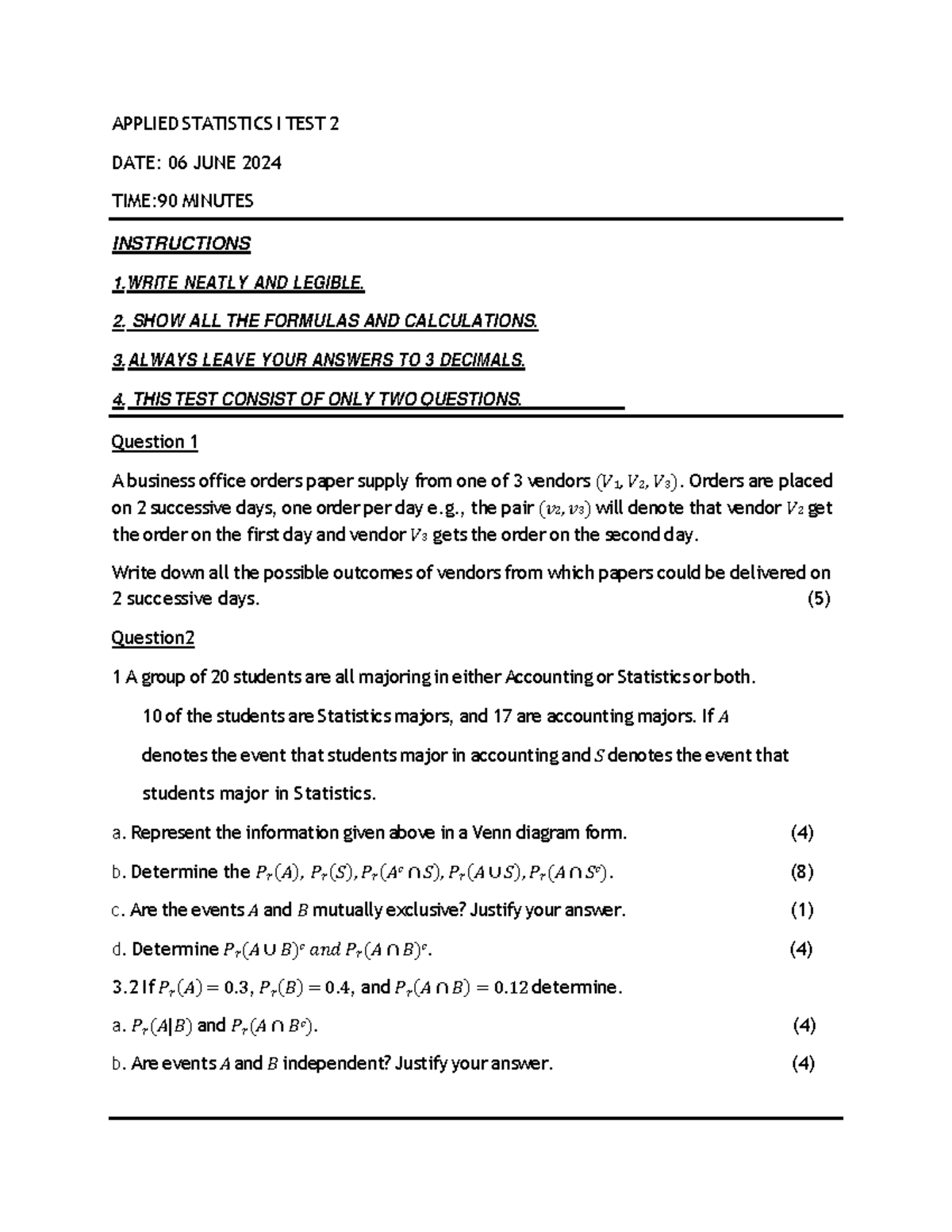 Applied Statistics I TEST 2 - APPLIED STATISTICS I TEST 2 DATE: 06 JUNE ...