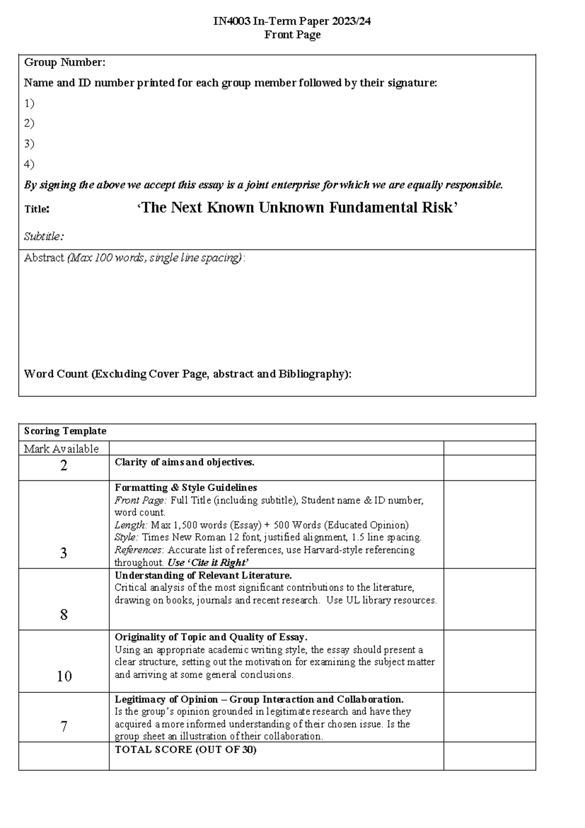 Cover Page 2023 - IN4003 In-Term Paper 2023/ Front Page Group Number ...