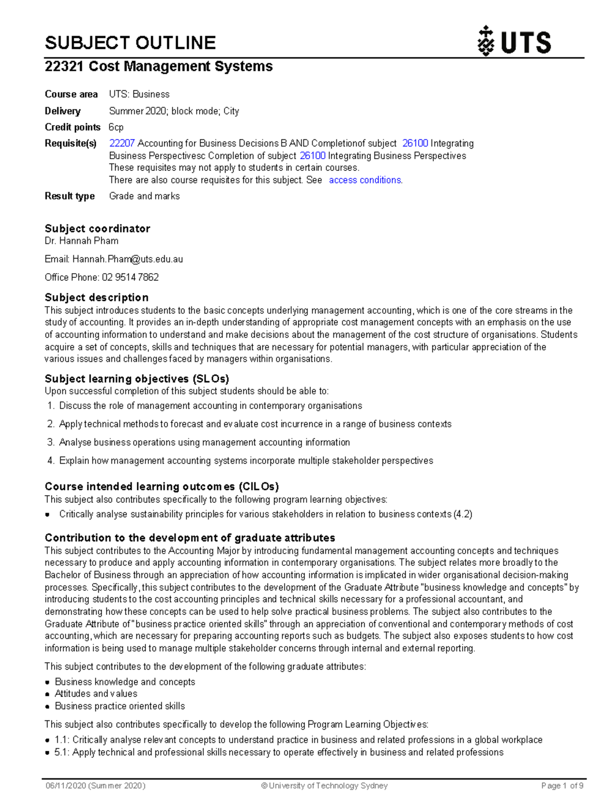 Subject Outline Summer 2020 - 22321 Cost Management Systems (updated ...