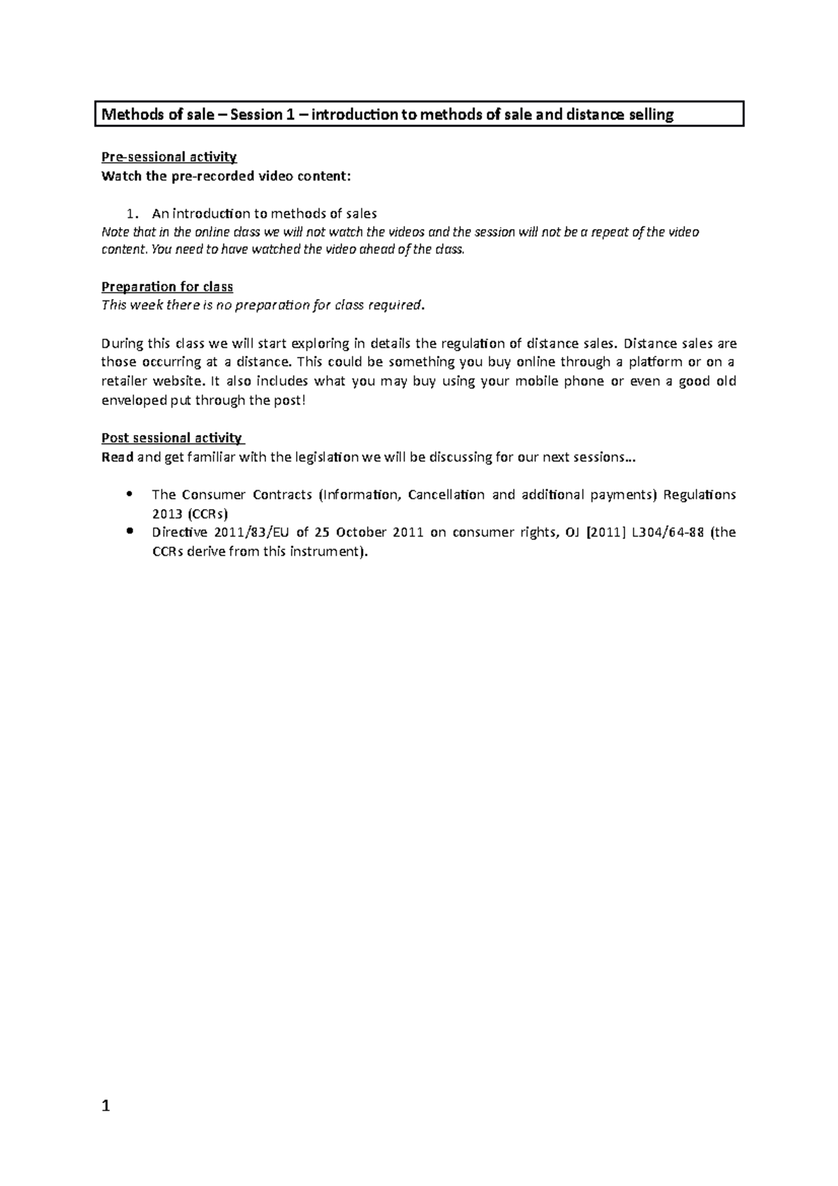 Student Handout Method of Sale Session 1 - Methods of sale – Session 1 ...