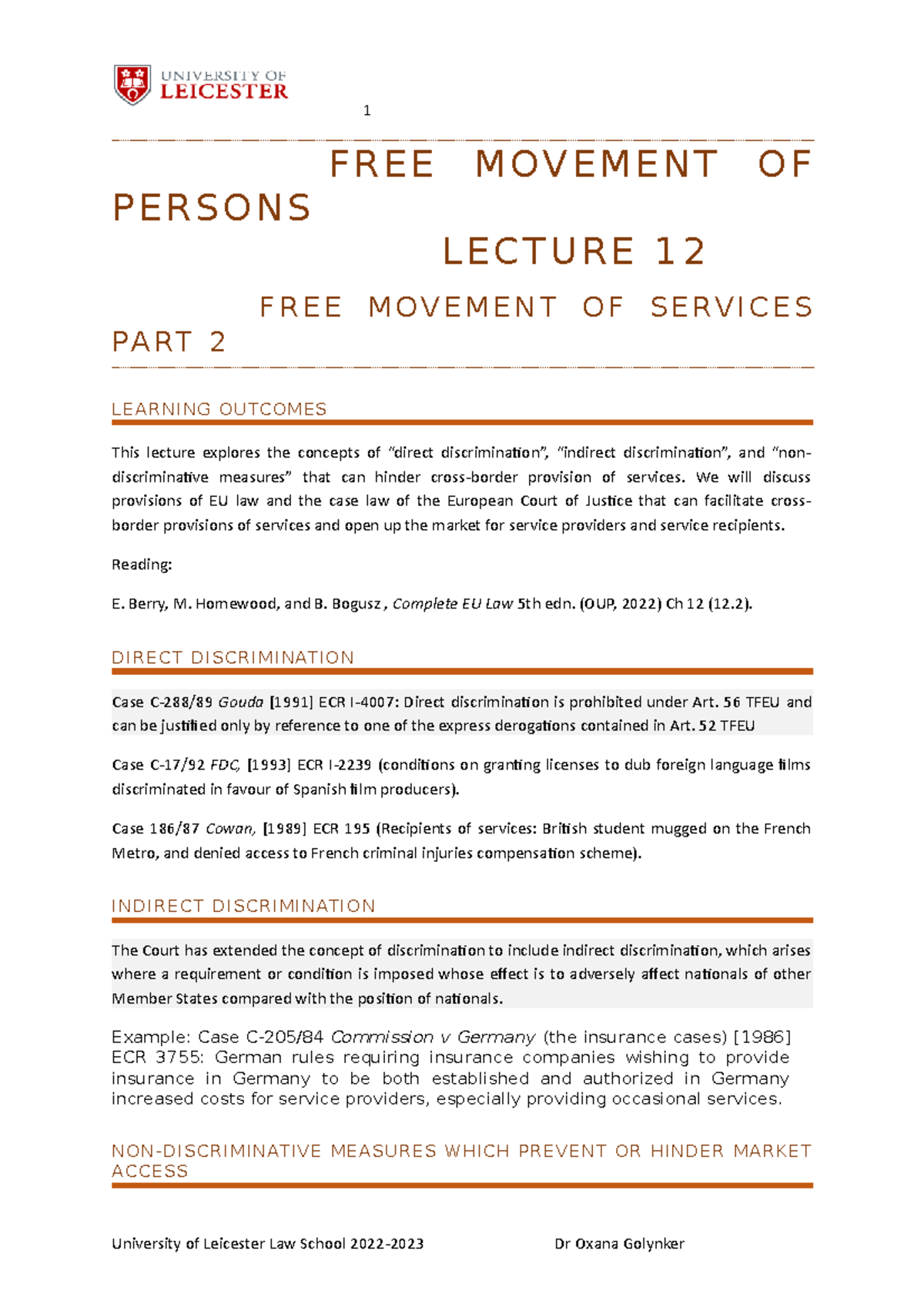 Lecture 2 handout - law - F R E E M OV E M EN T O F P ER S O N S LE C T U R E 1 2 F R E E M O V ...