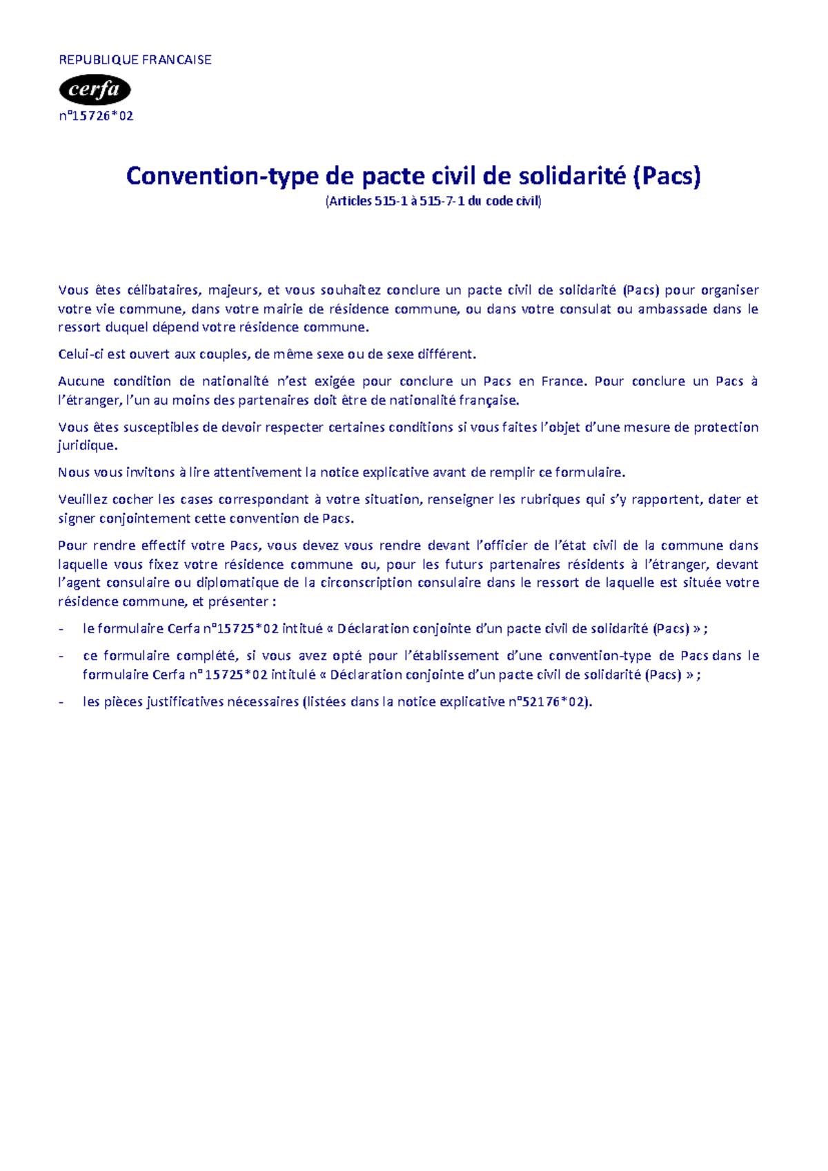 Exemple DE PACS - REPUBLIQUE FRANCAISE n°15726* Convention-type de ...