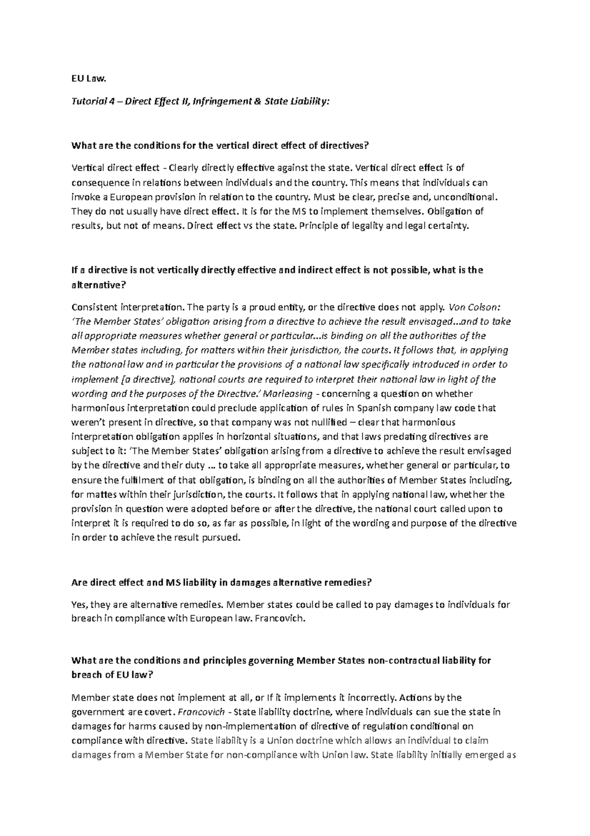 Eu Law Direct Effect Ii Infringement And State Liability Eu Law Tutorial 4 Direct Effect