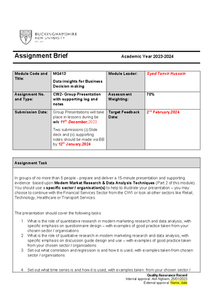 MG413 CW2 2023 - assignment - Internal approval: Uchenna Nweke, 09- 23 Assignment Brief Academic ...