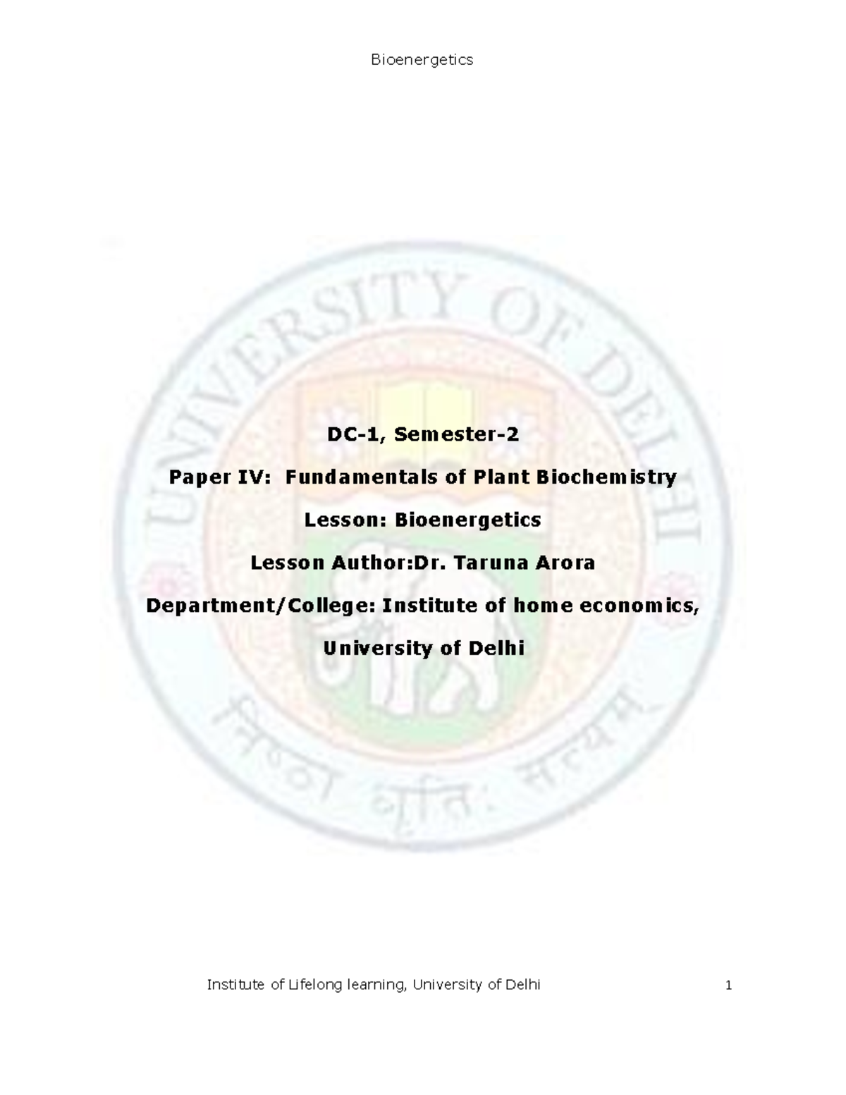 Bioenergetics - lecture notes - DC-1, Semester- Paper IV: Fundamentals ...