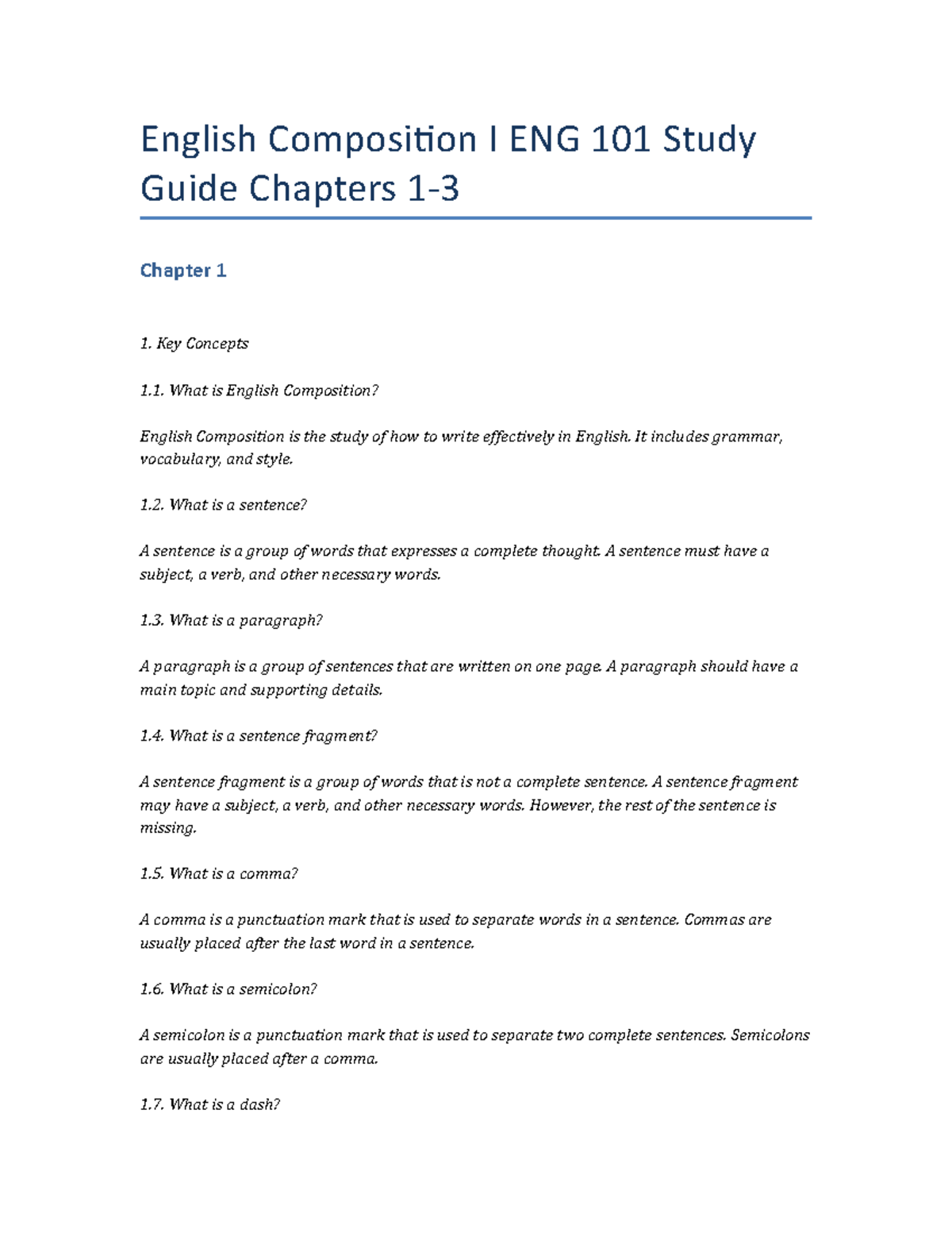 English Composition I ENG 101 Study Guide Chapters 1-3 - It includes ...
