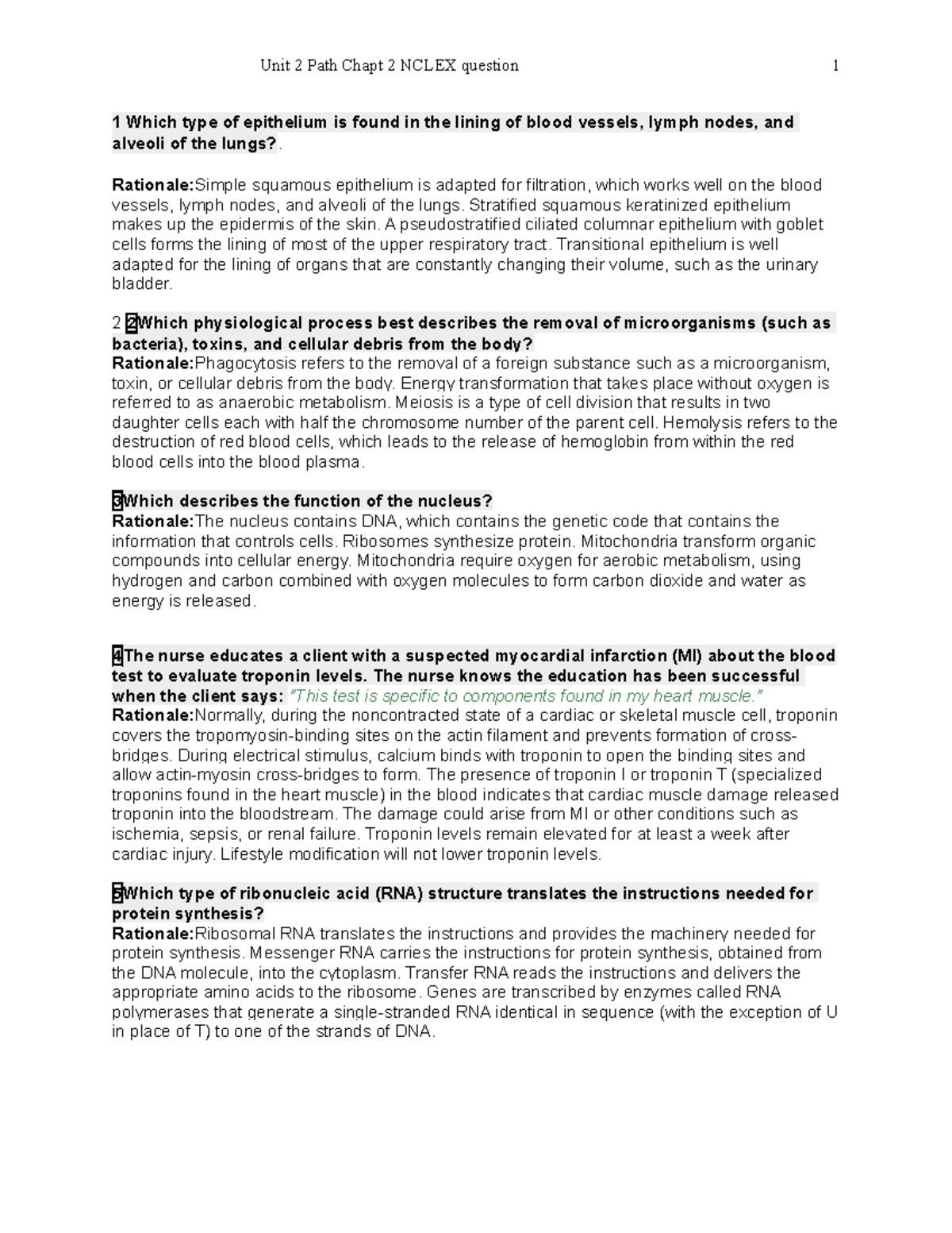NURS 316 Unit 2 Path Chapt 2 Nclex question - 1 Which type of epithelium is found in the lining ...