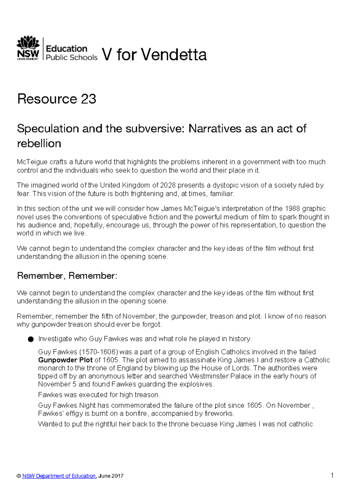 V for Vendetta Notes - V for Vendetta Resource 23 SUMMARY Speculation ...