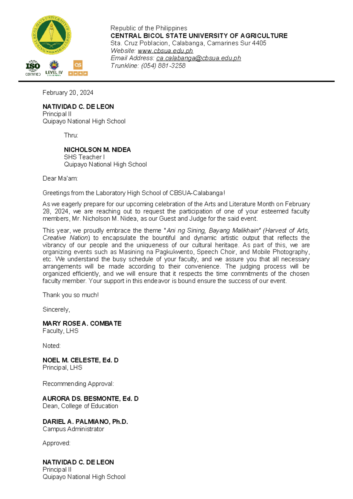 Letter Arts and Lit. Month - Republic of the Philippines CENTRAL BICOL STATE UNIVERSITY OF - Studocu