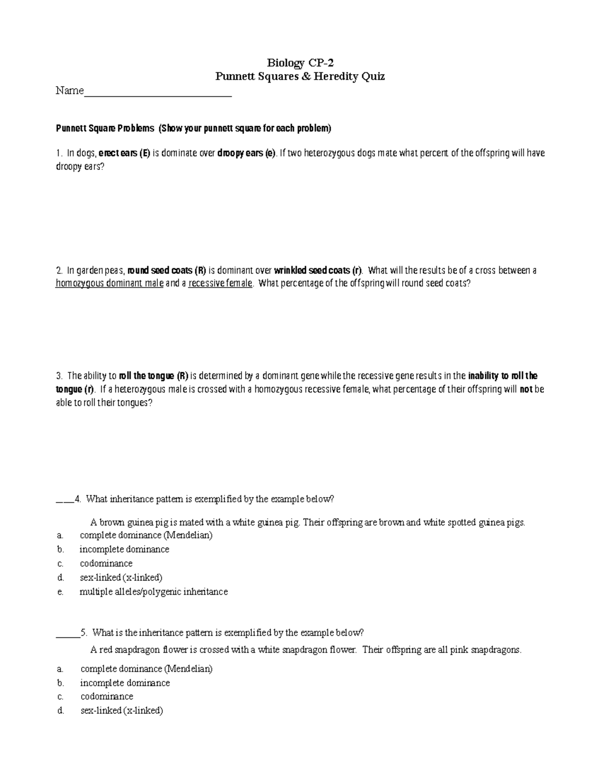 Biology CP-1 Punnett Squares and Heredity Quiz - Biology CP- Punnett ...