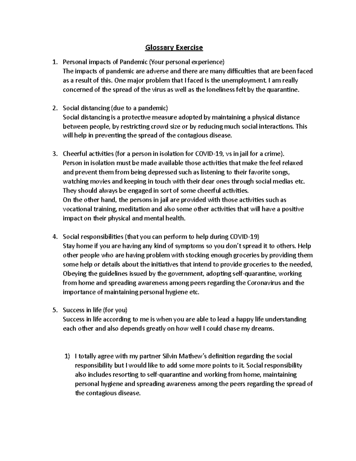 Glossary Exercise - Glossary Exercise Personal impacts of Pandemic ...