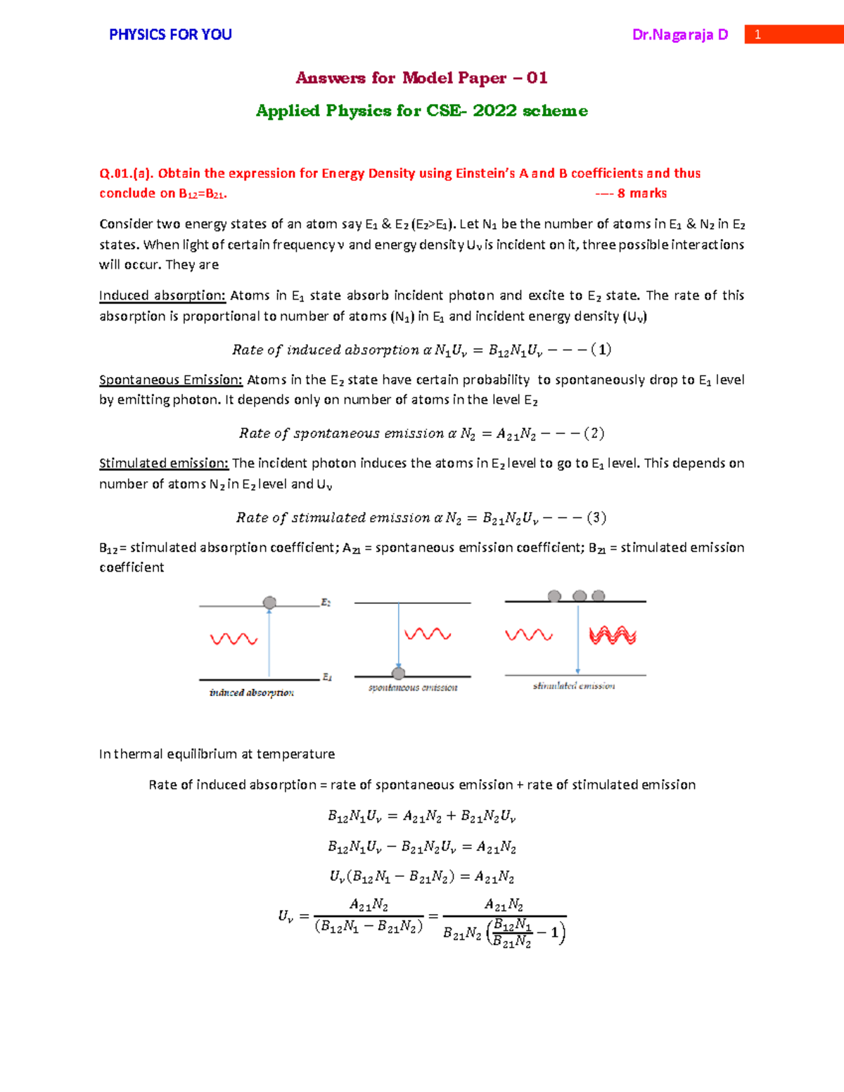 Answers for Paper-1-CSE - Answers for Model Paper – 01 Applied Physics ...