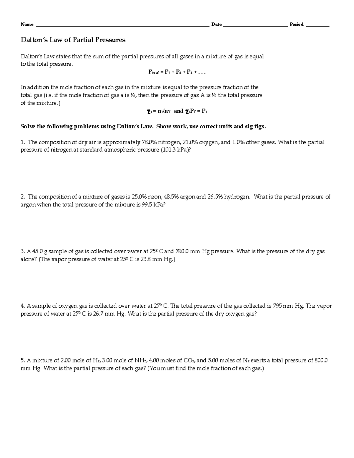 Daltons Law of Partial Pressure - Name - Studocu