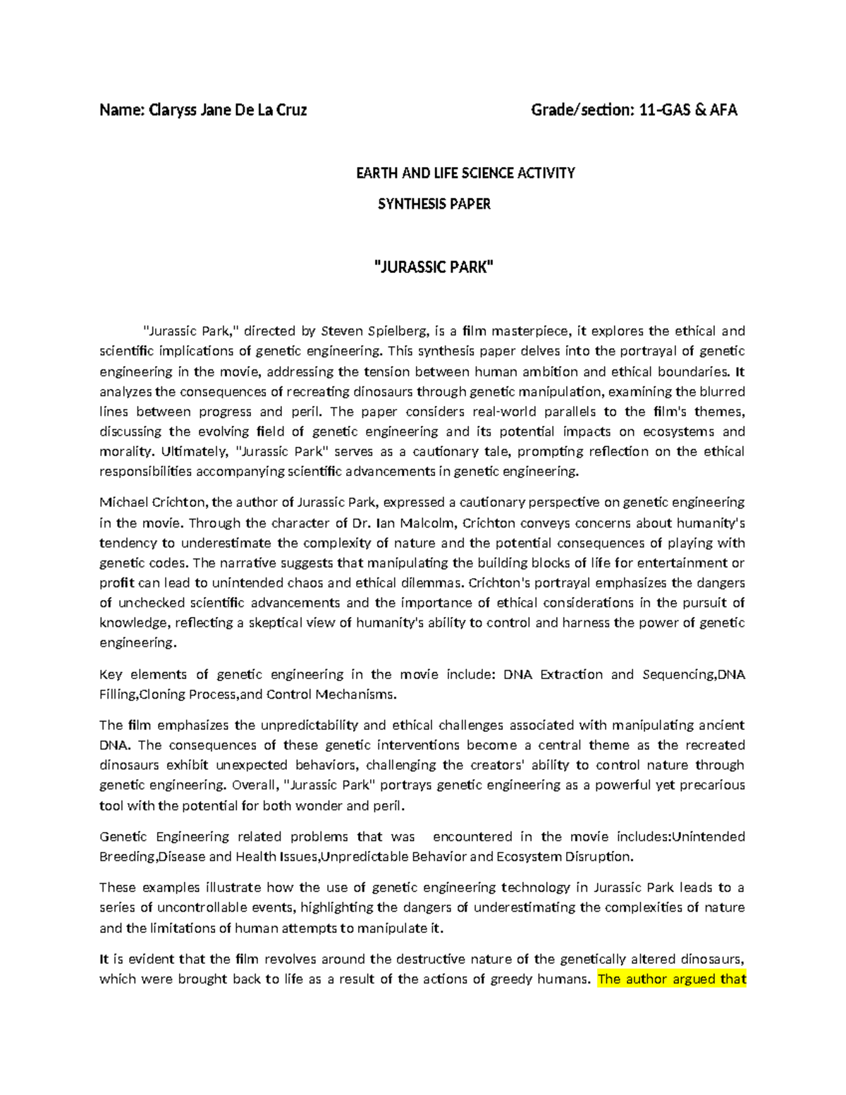 Synthesis-paper - Synthesis paper - Name: Claryss Jane De La Cruz Grade ...