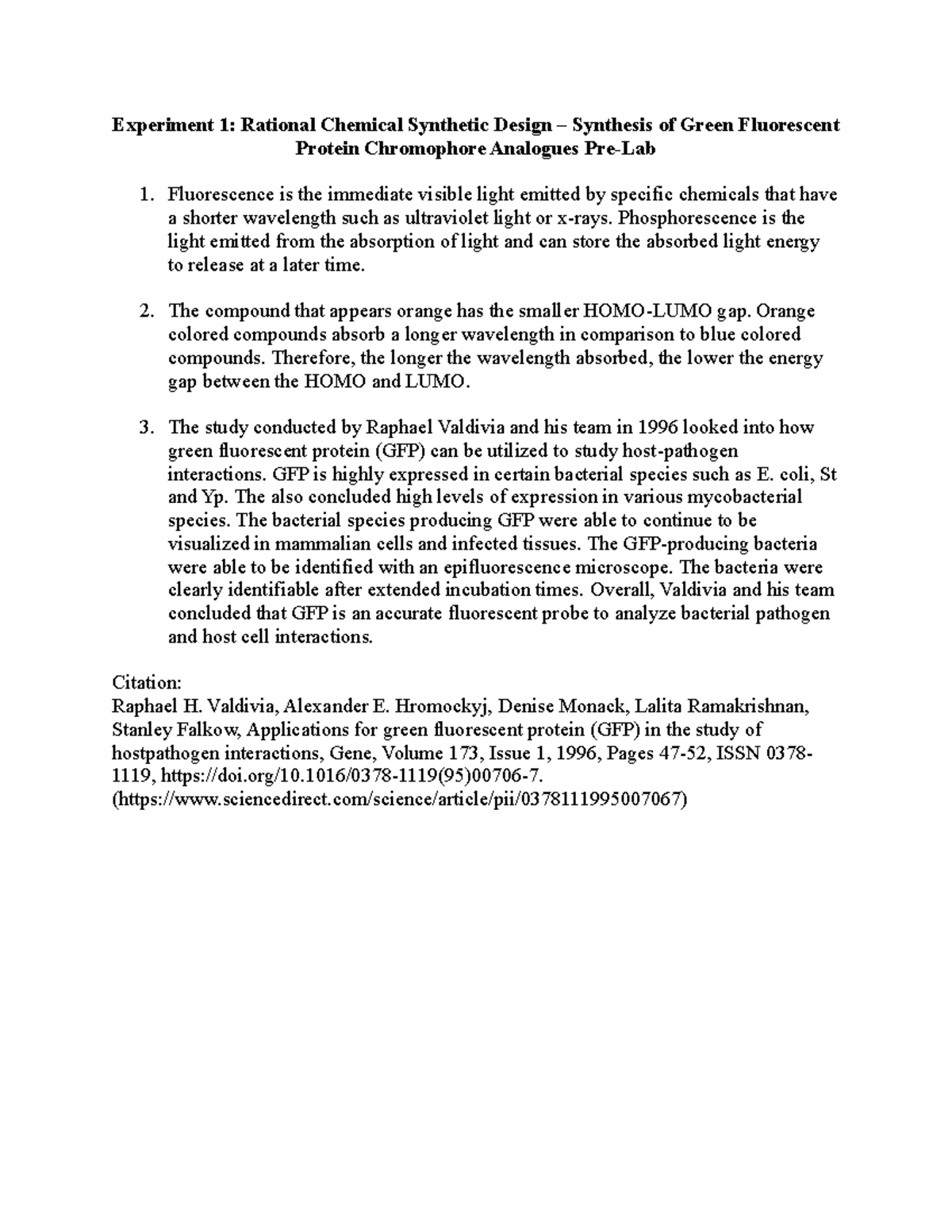 EXP 1 Pre Lab GFP Analogs - Experiment 1: Rational Chemical Synthetic ...